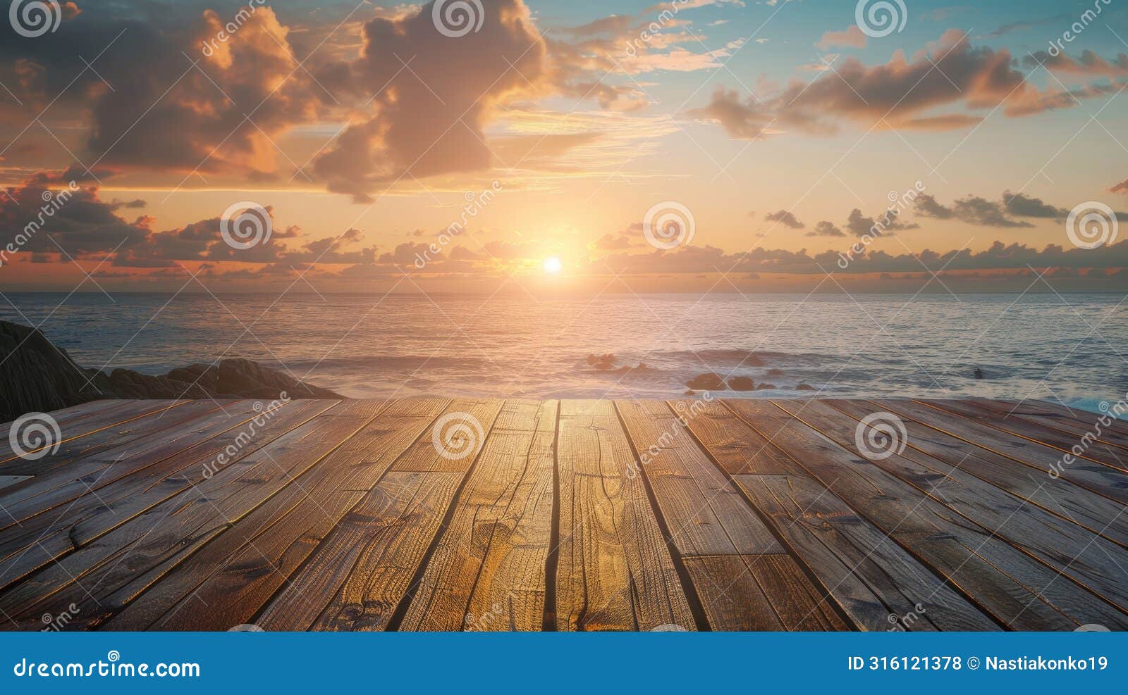 Wooden Deck Overlooking the Ocean at Sunset Stock Photo - Image of ...