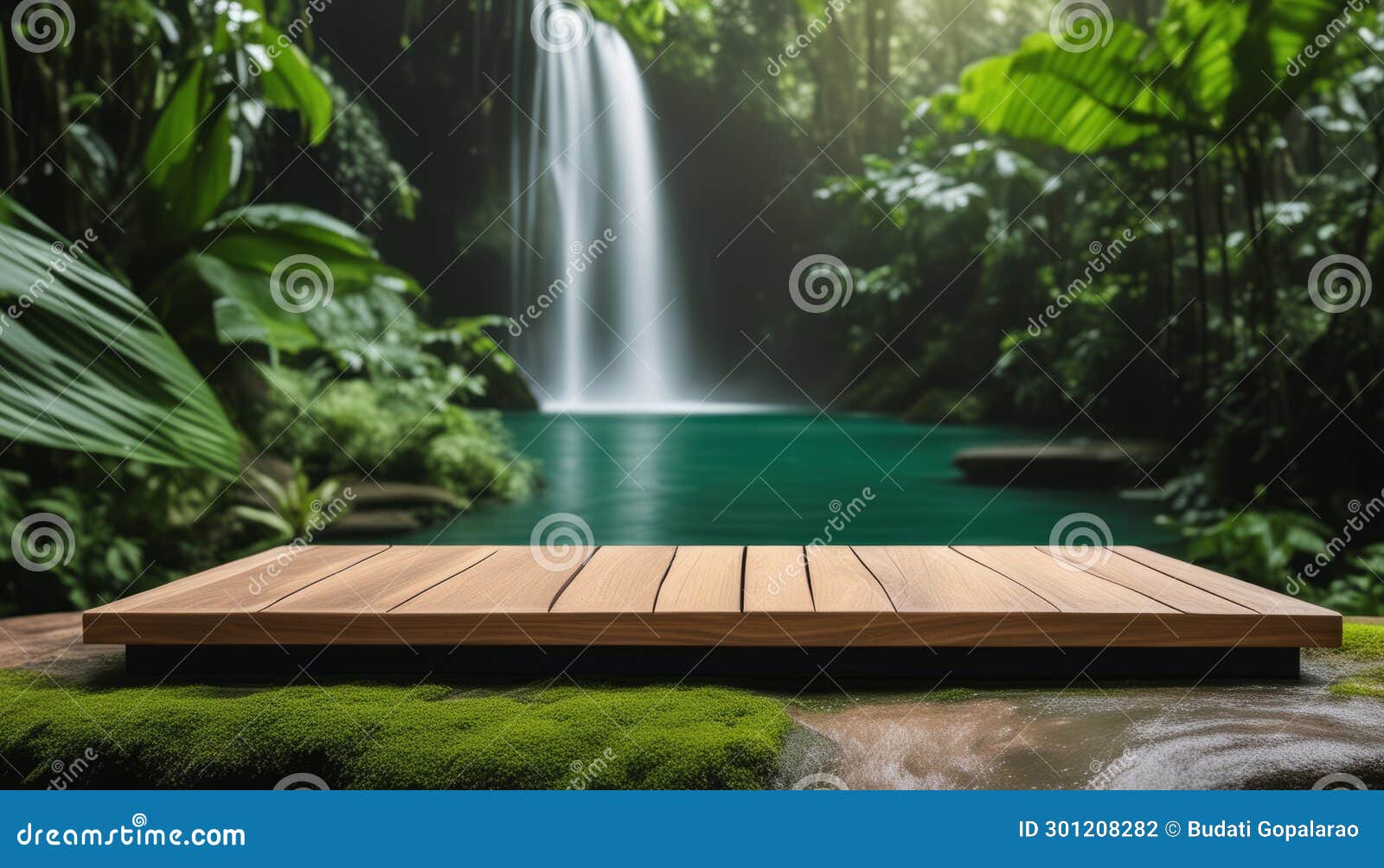 A Wooden Deck Overlooking a Waterfall Stock Illustration - Illustration ...