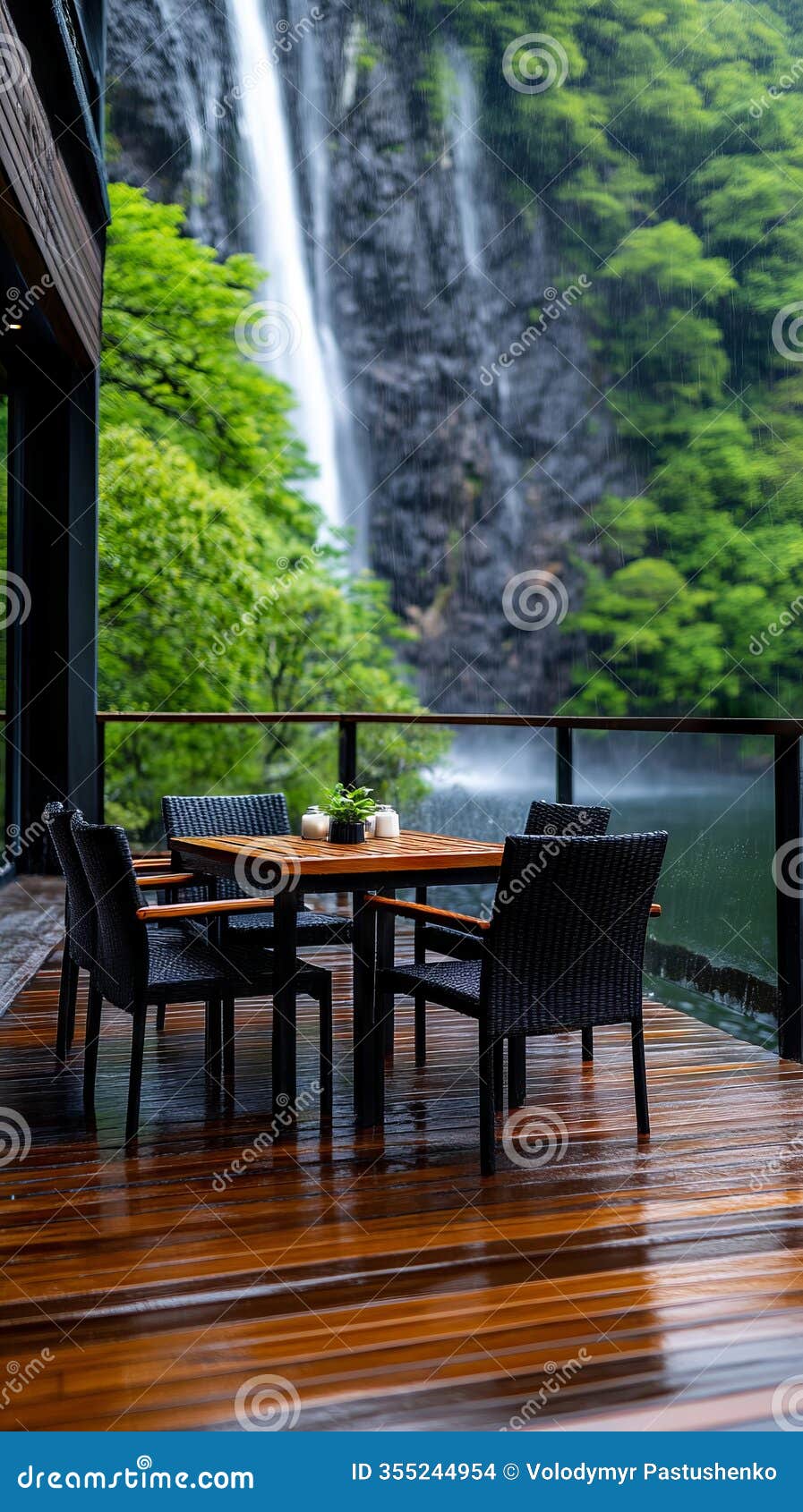 A Wooden Deck with a Table and Chairs in Front of a Waterfall Stock ...