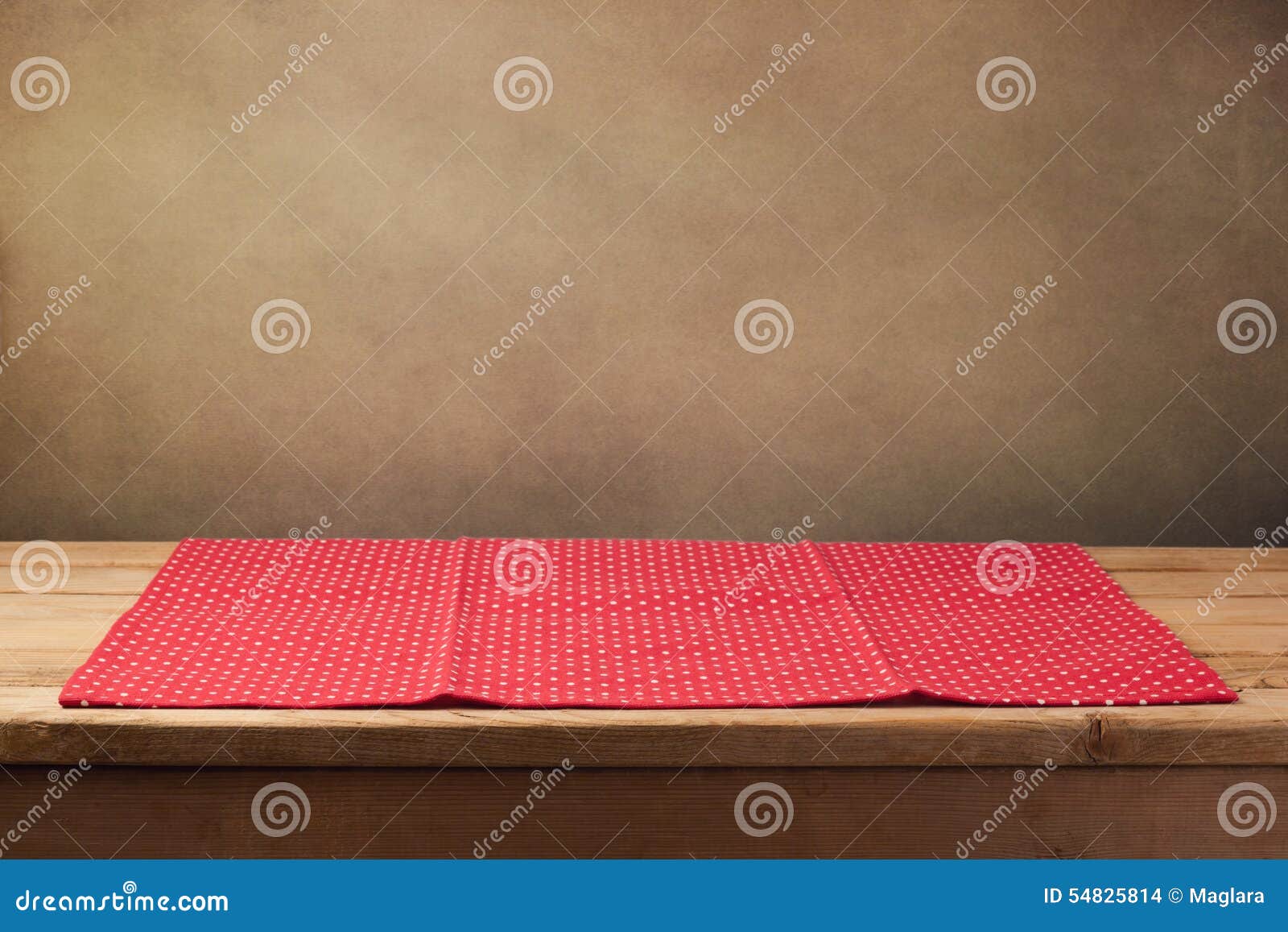 Wooden Deck Table with Polka Dots Tablecloth Over Grunge Background ...