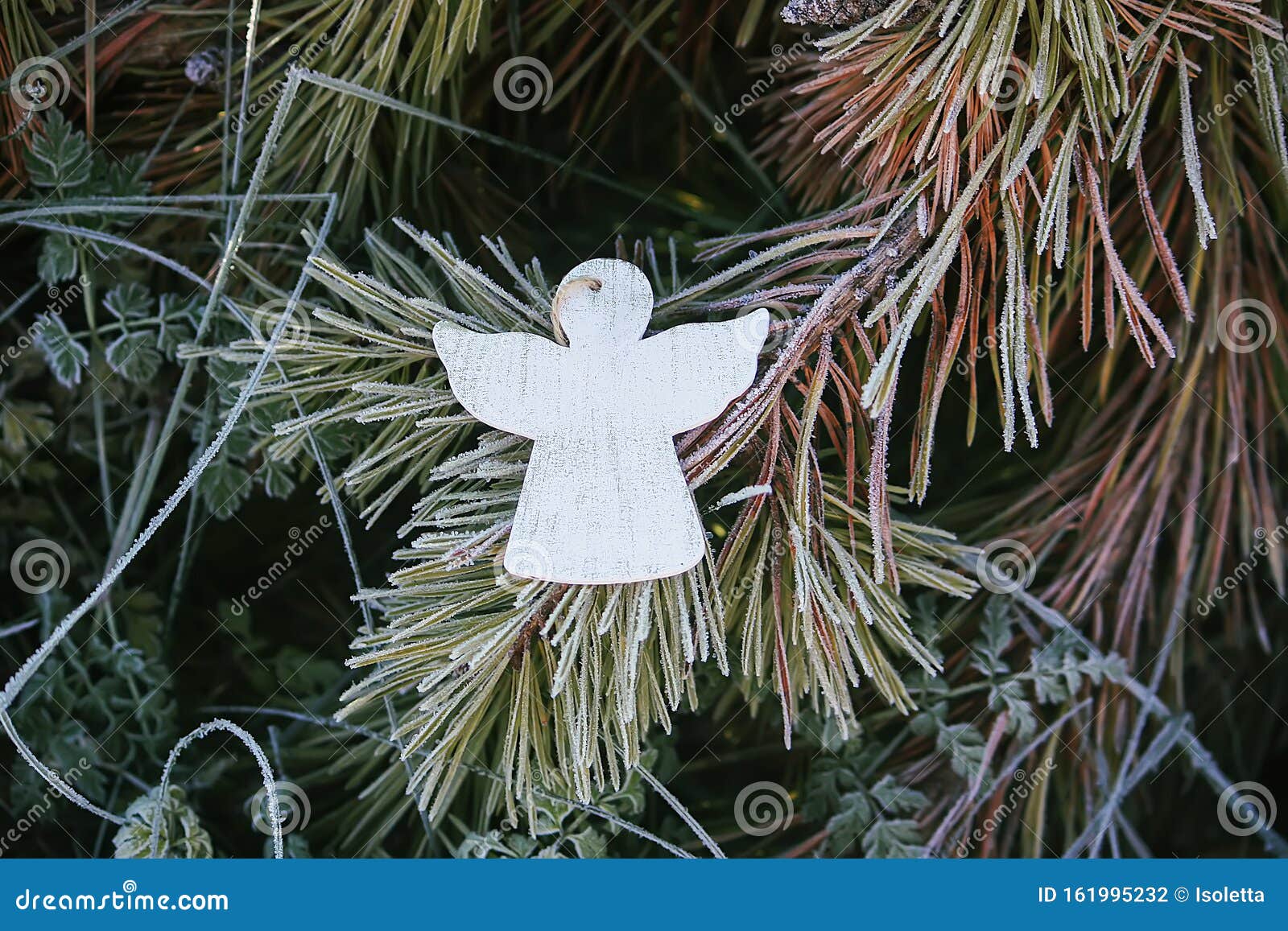 Wooden Decoration Angel White Figure in Spruce Branches Stock Photo ...