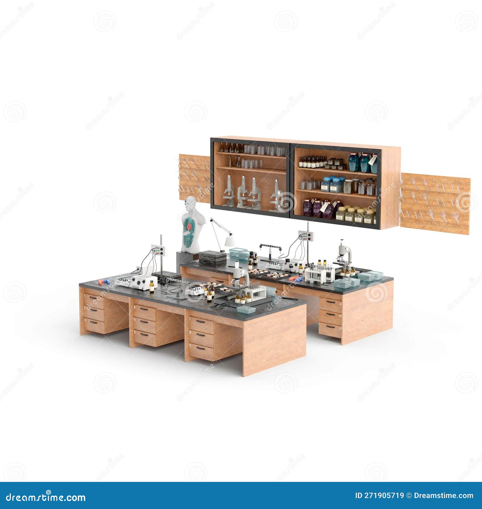 Wooden Desks with Lab Items, 3d Rendering Stock Illustration ...