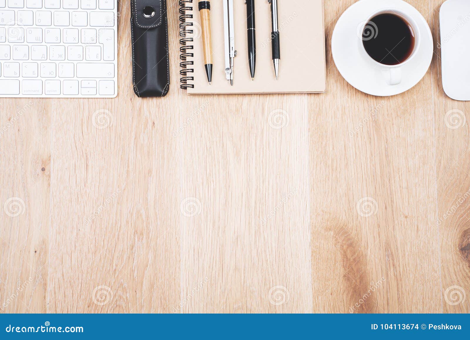 Wooden Desktop with Various Items Stock Photo - Image of keyboard ...