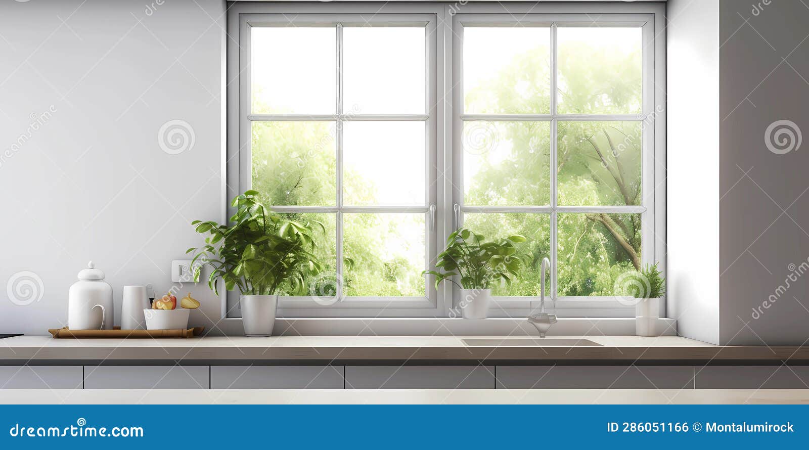 Wooden Dining Table with Plant on Vas and Mug Coffee in Kitchen Room ...