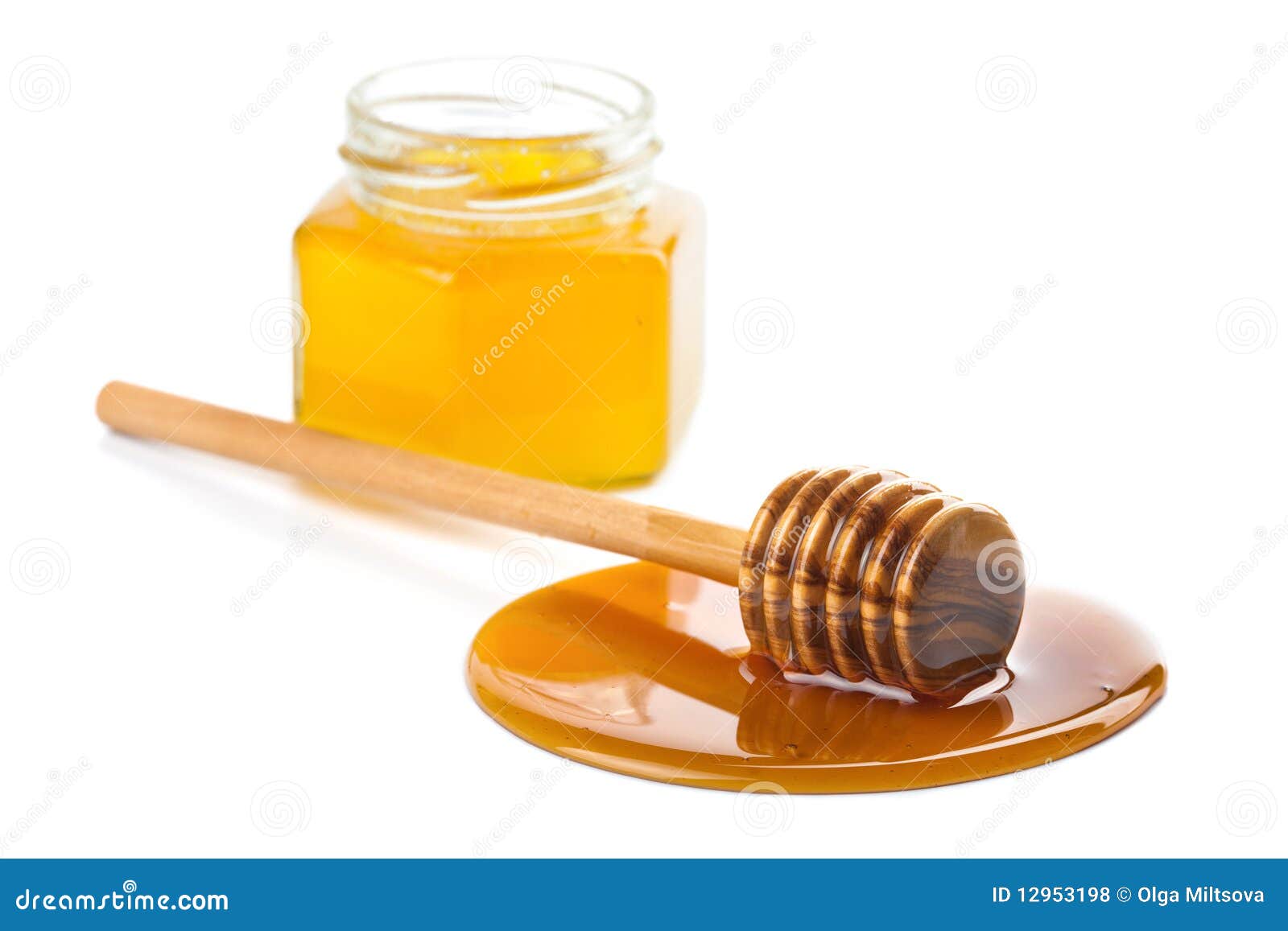 Wooden Dipper with Honey and Bottle Isolated Stock Photo - Image of ...