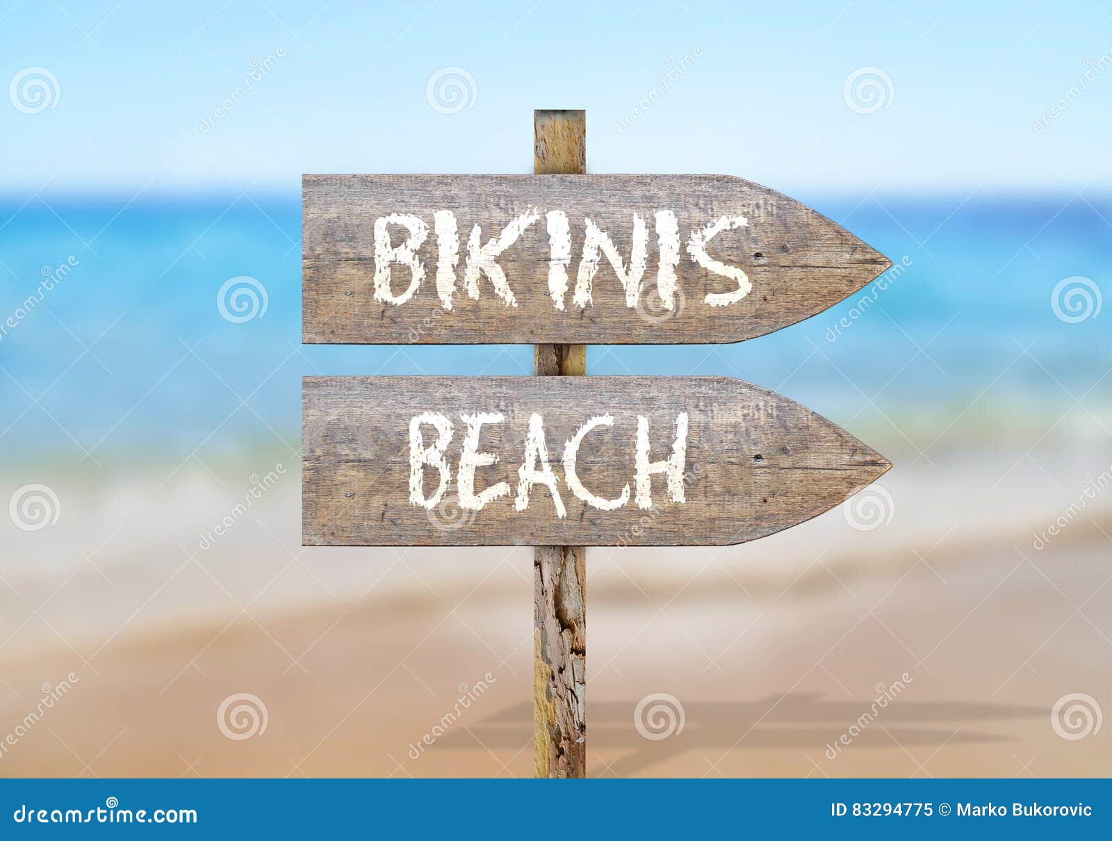 Wooden Direction Sign with Bikinis Beach Stock Image - Image of board ...