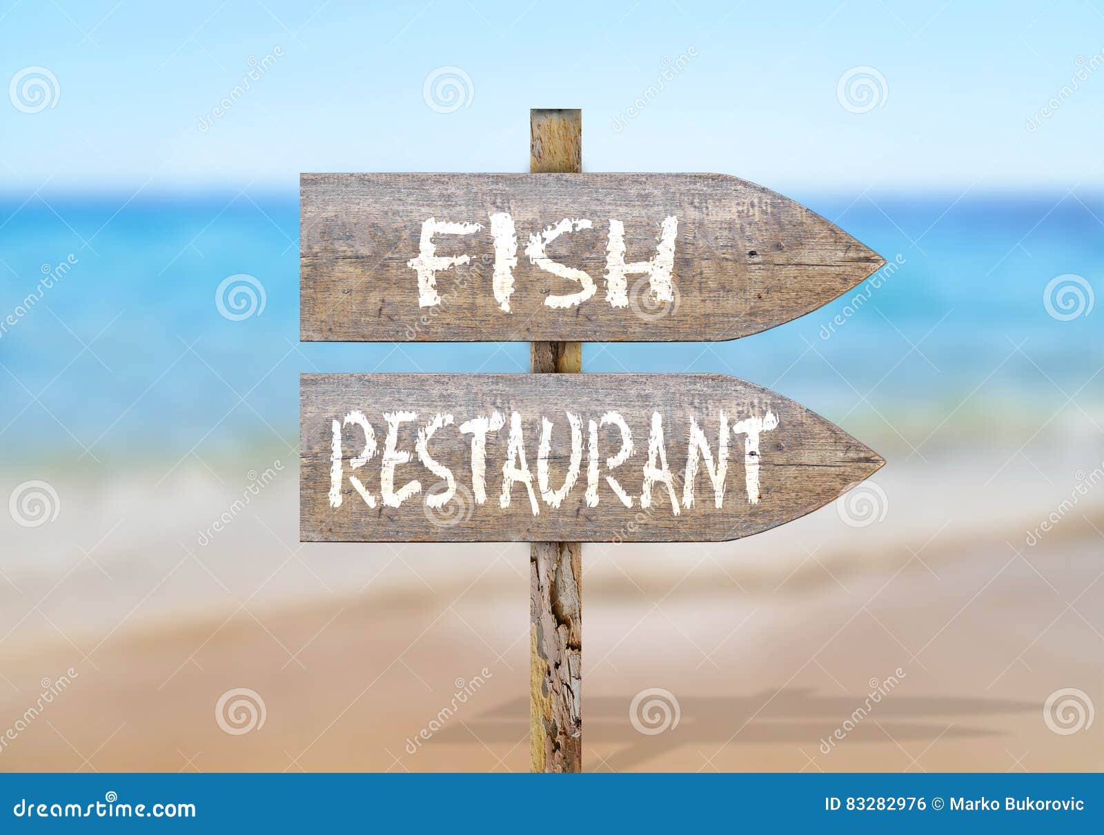 Wooden Direction Sign with Fish Restaurant Stock Photo - Image of left ...