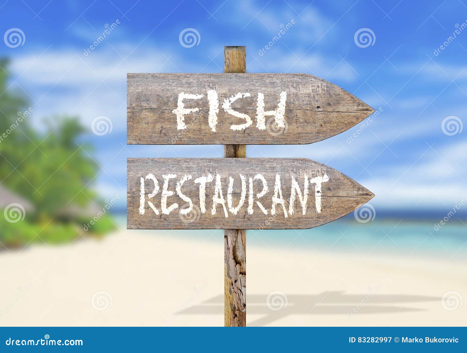 Wooden Direction Sign with Fish Restaurant Stock Image - Image of ...