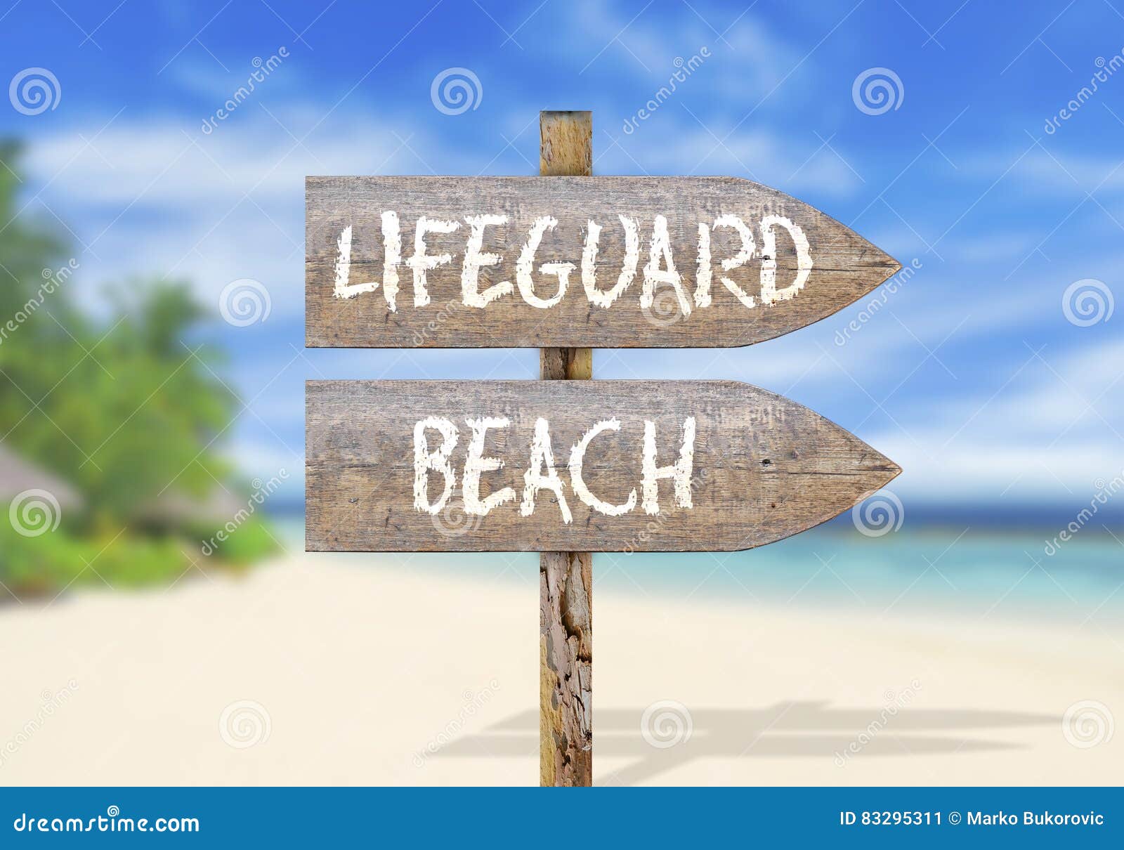Wooden Direction Sign with Lifeguard Beach Stock Image - Image of post ...