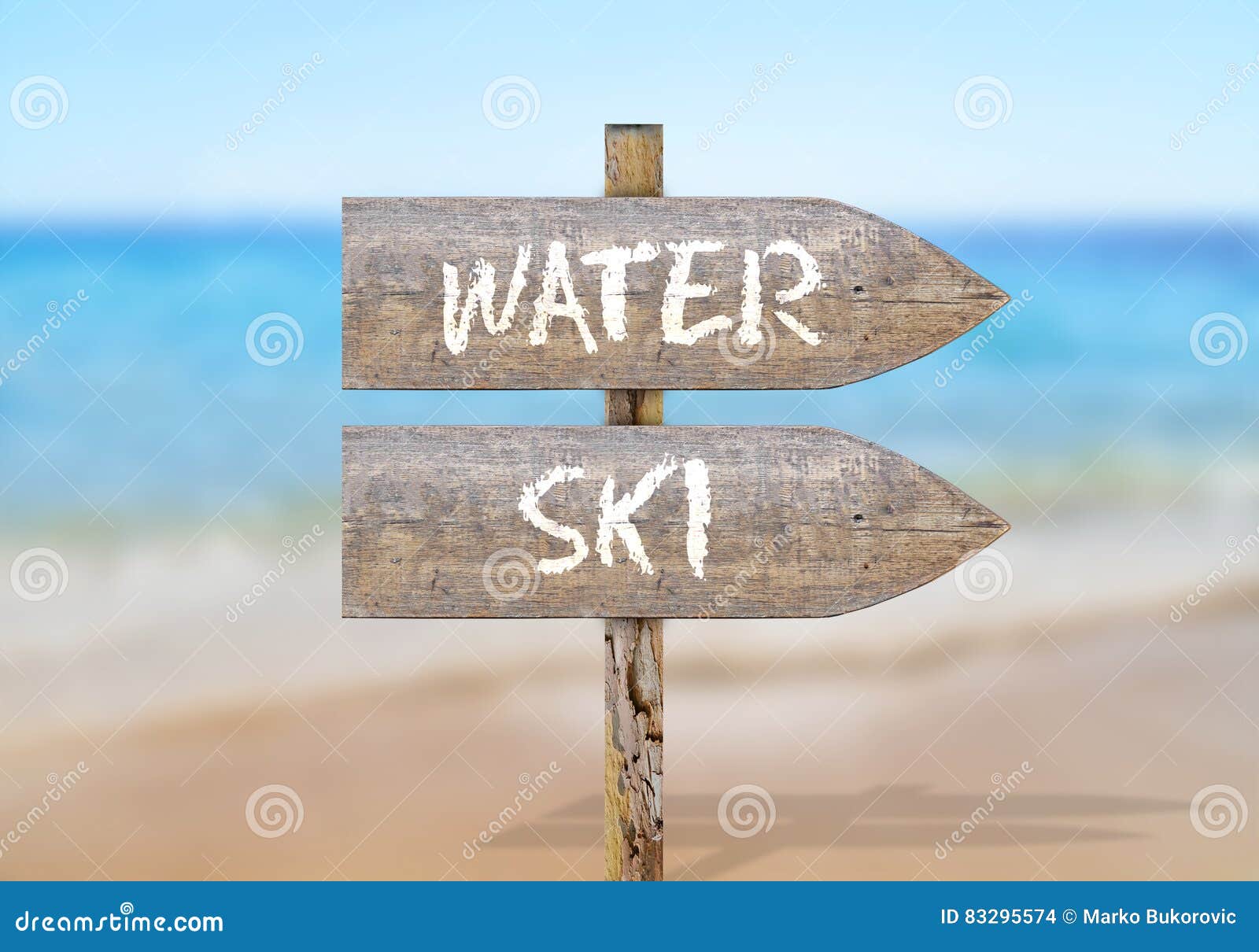 Wooden Direction Sign with Water Ski Stock Photo - Image of travel ...