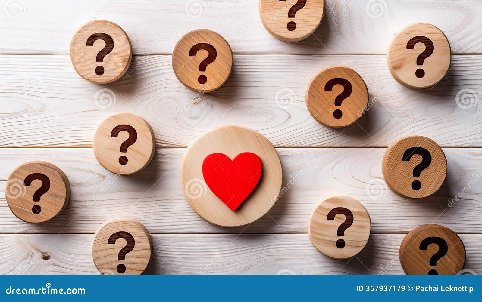 Wooden Discs with Question Marks and a Heart Symbol in the Center Stock ...