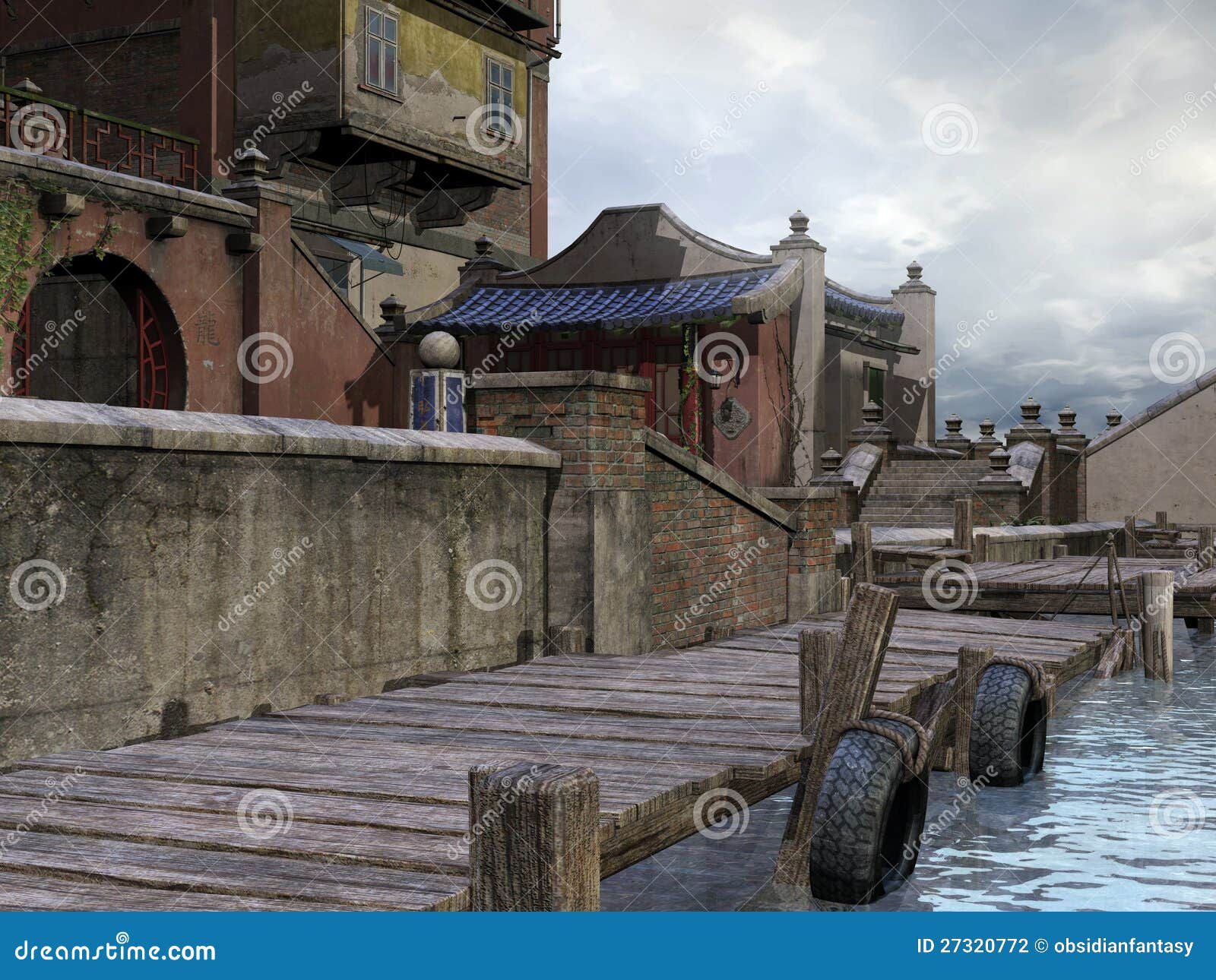 Wooden dock in Asian town stock illustration. Illustration of water ...
