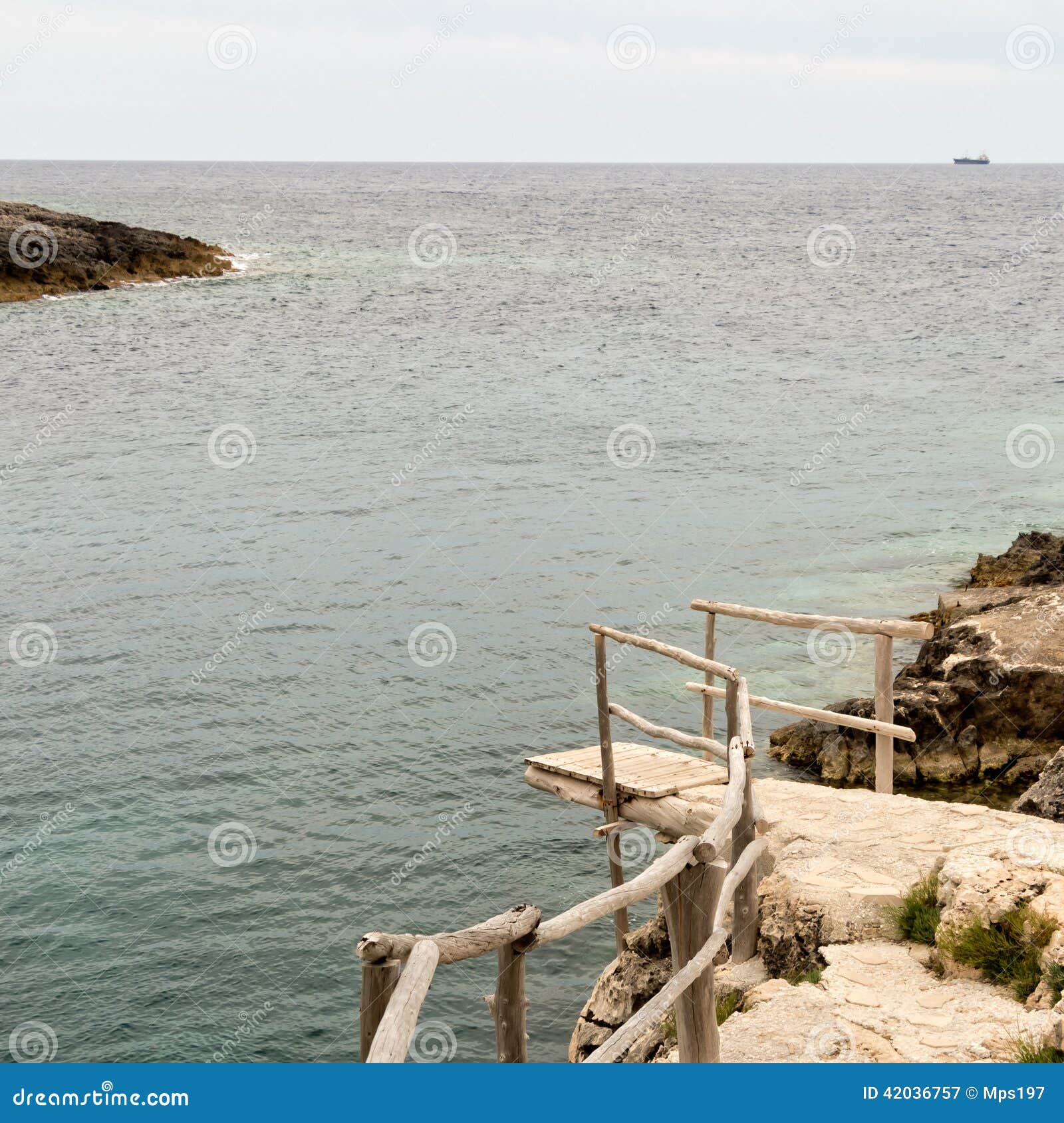 Wooden Dock and a Distant Shore Stock Image - Image of bannister, cliff ...