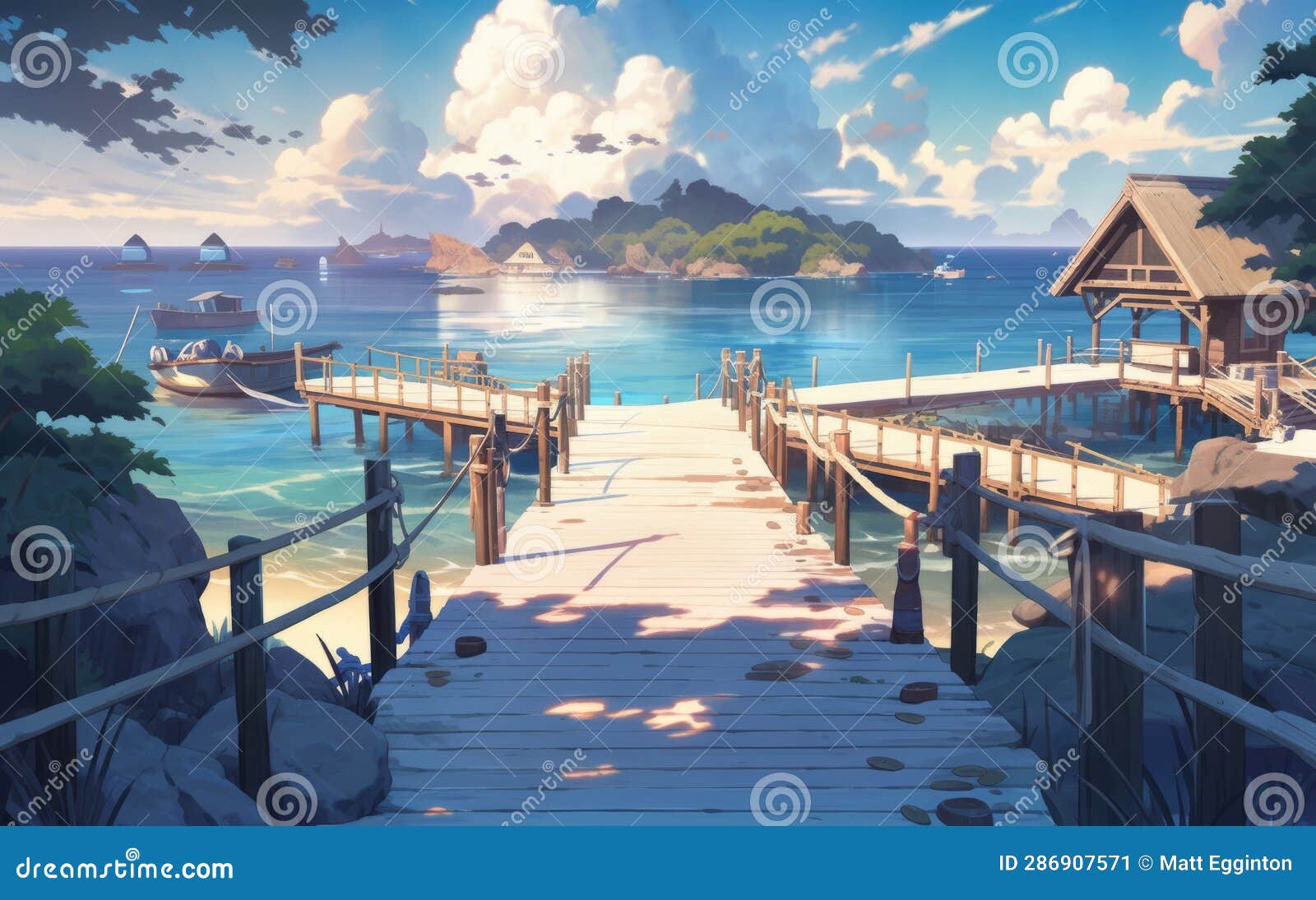 Wooden Dock Leading To a Small Island Stock Illustration - Illustration ...