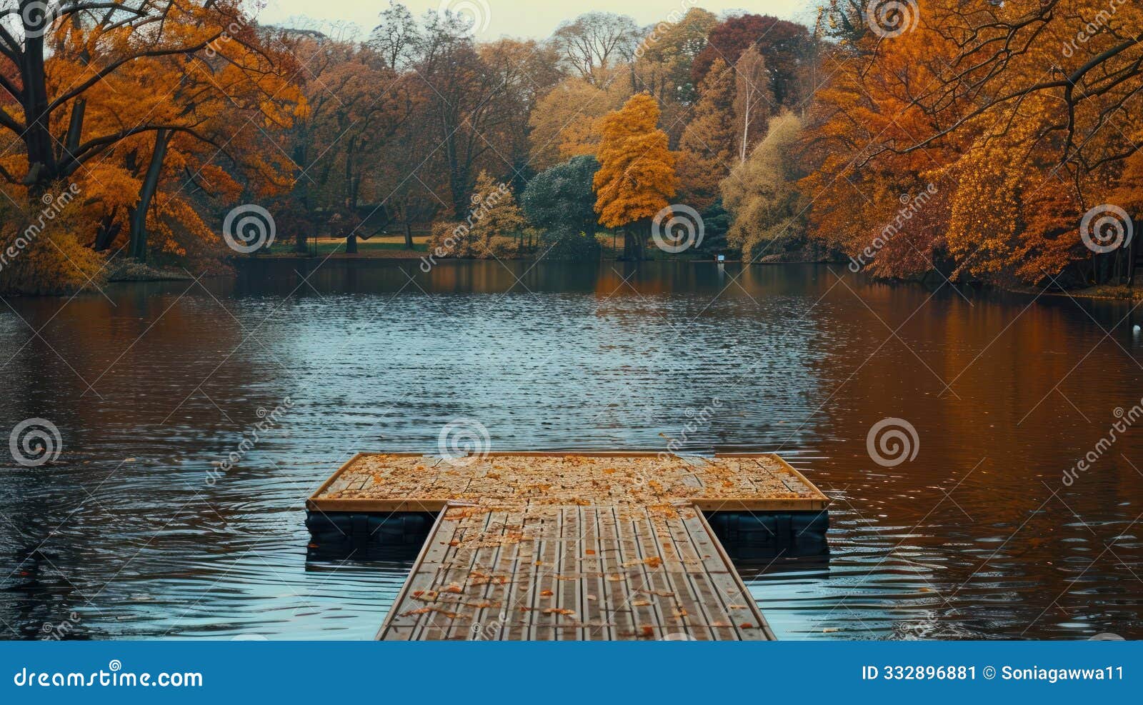 A Wooden Dock Sits on a Calm Lake with Fall Foliage in the Background ...