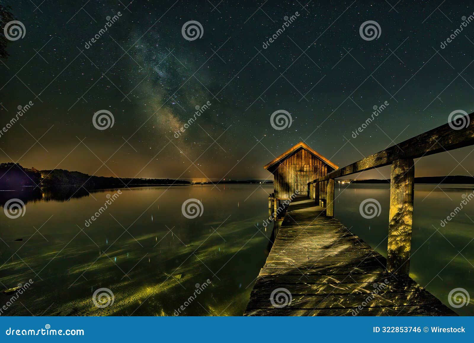 Wooden Dock by Water Under Starry Sky Stock Photo - Image of reflection ...