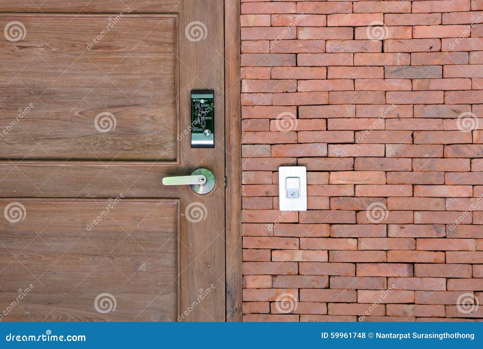 Wooden Door and Electronic Lock with Brick Wall Stock Photo - Image of ...
