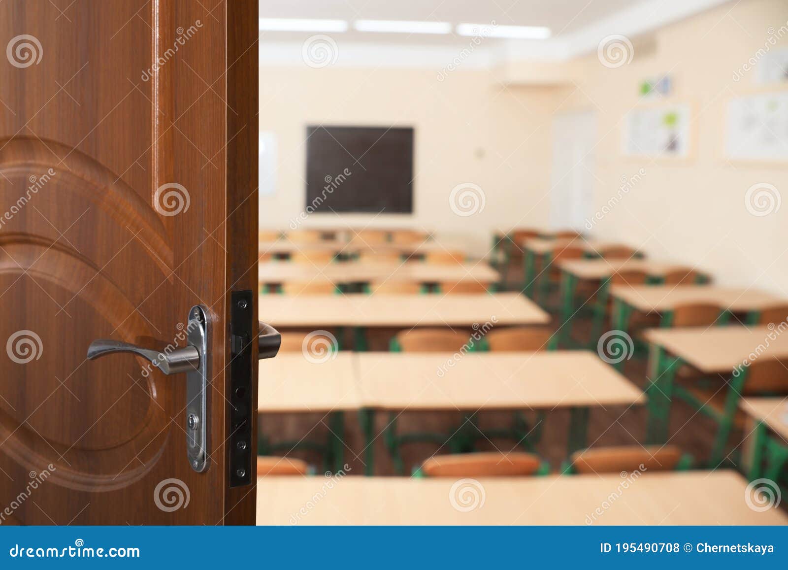 Wooden Door Open into Empty Classroom Stock Photo - Image of class ...
