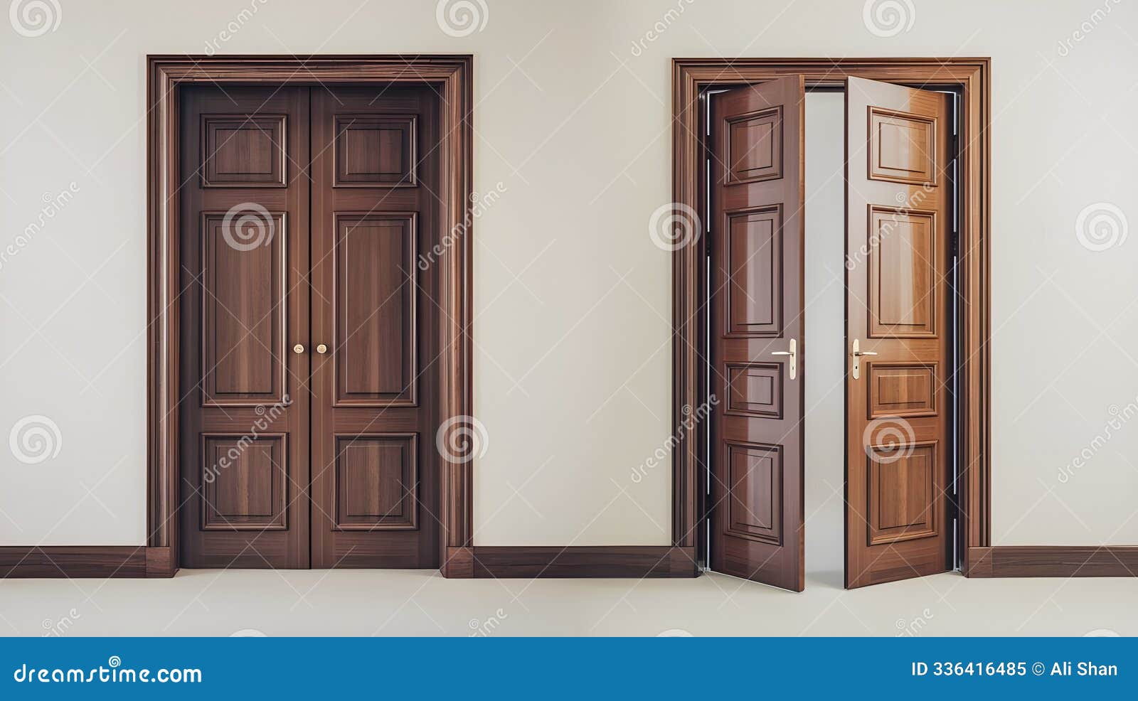 Wooden Doors Open and Closed in Interior Design Stock Illustration ...