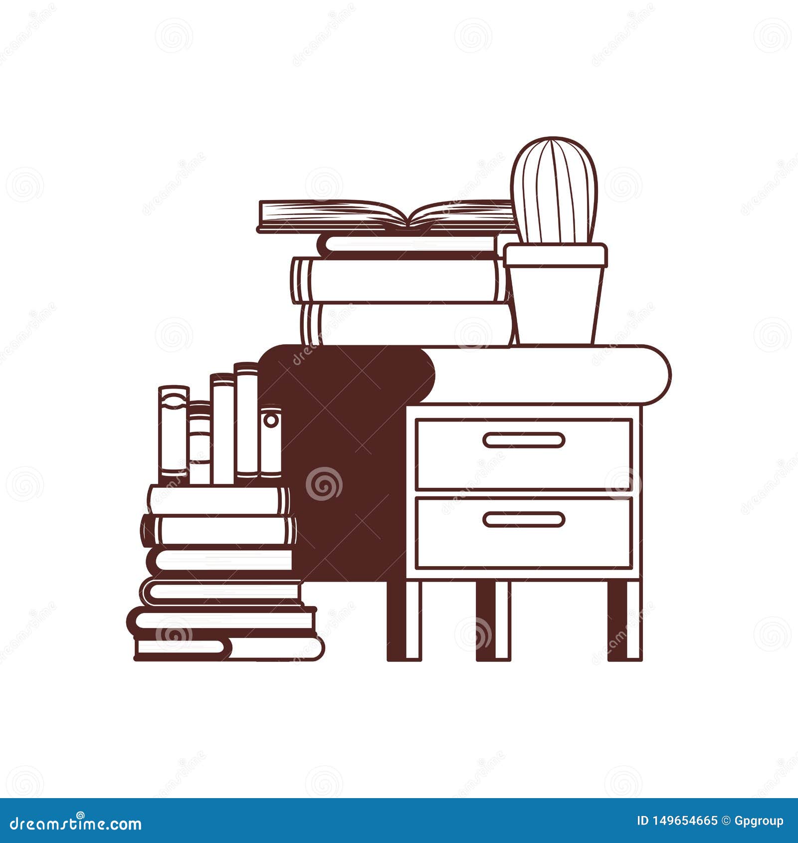 Wooden Drawer with Stack of Books in White Background Stock Vector ...