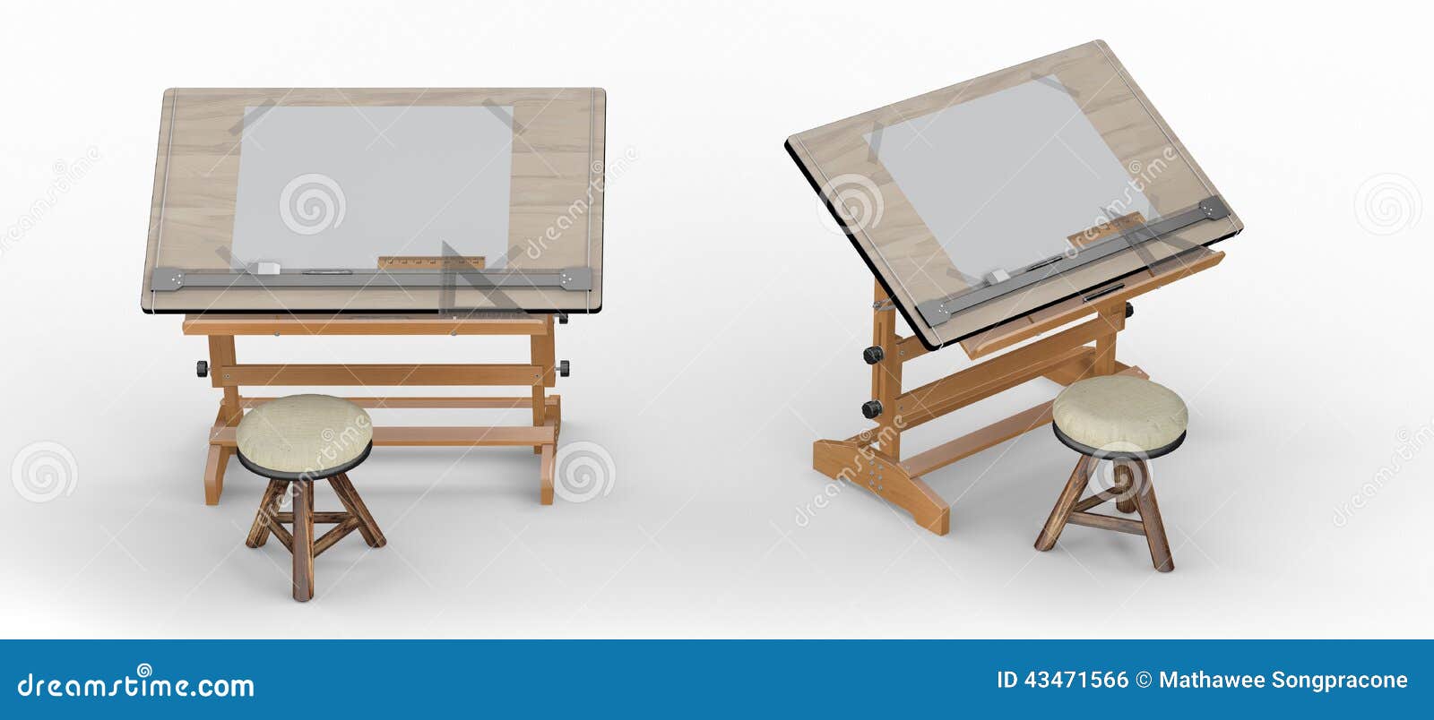 Wooden Drawing Table with Tools and Stool , Clipping Path Inclu Stock ...