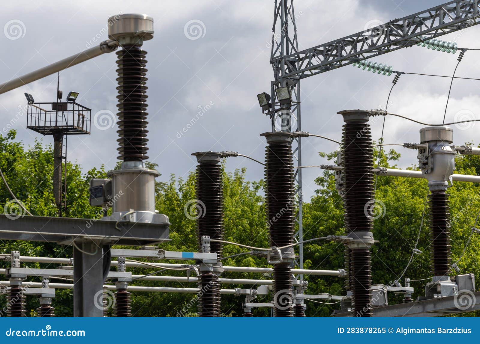 A Wooden Electricity Pole with Green Insulators Stock Image - Image of ...