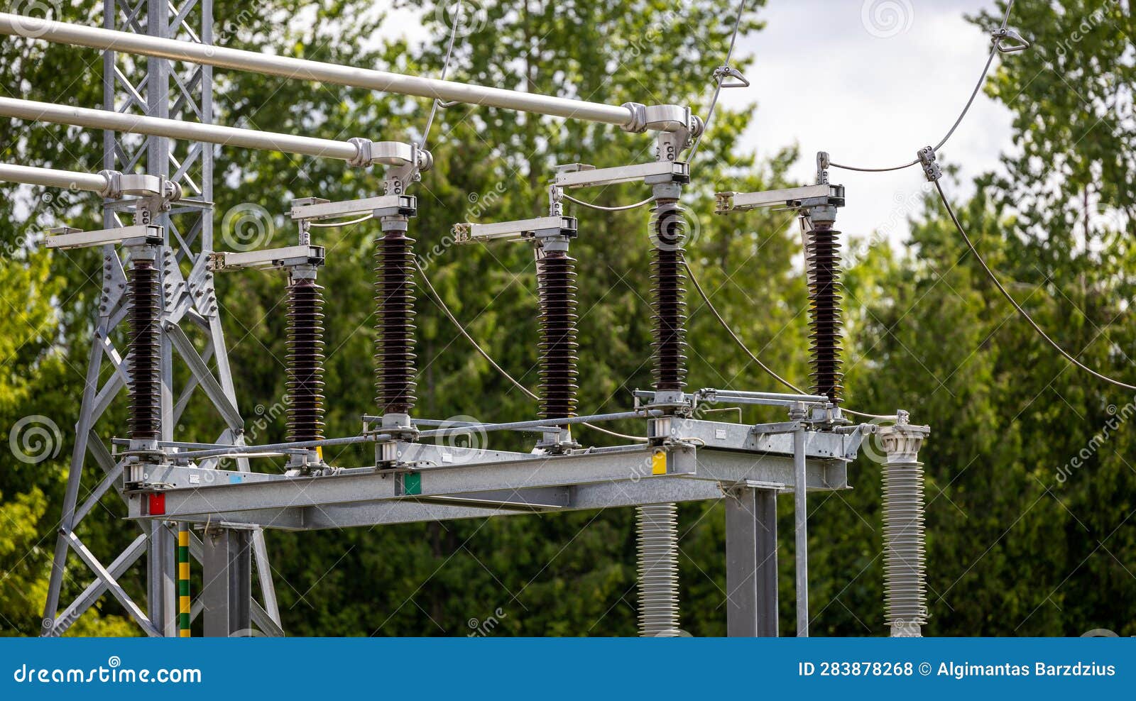 A Wooden Electricity Pole with Green Insulators Stock Photo - Image of ...