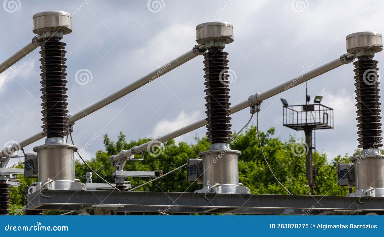 A Wooden Electricity Pole with Green Insulators Stock Image - Image of ...