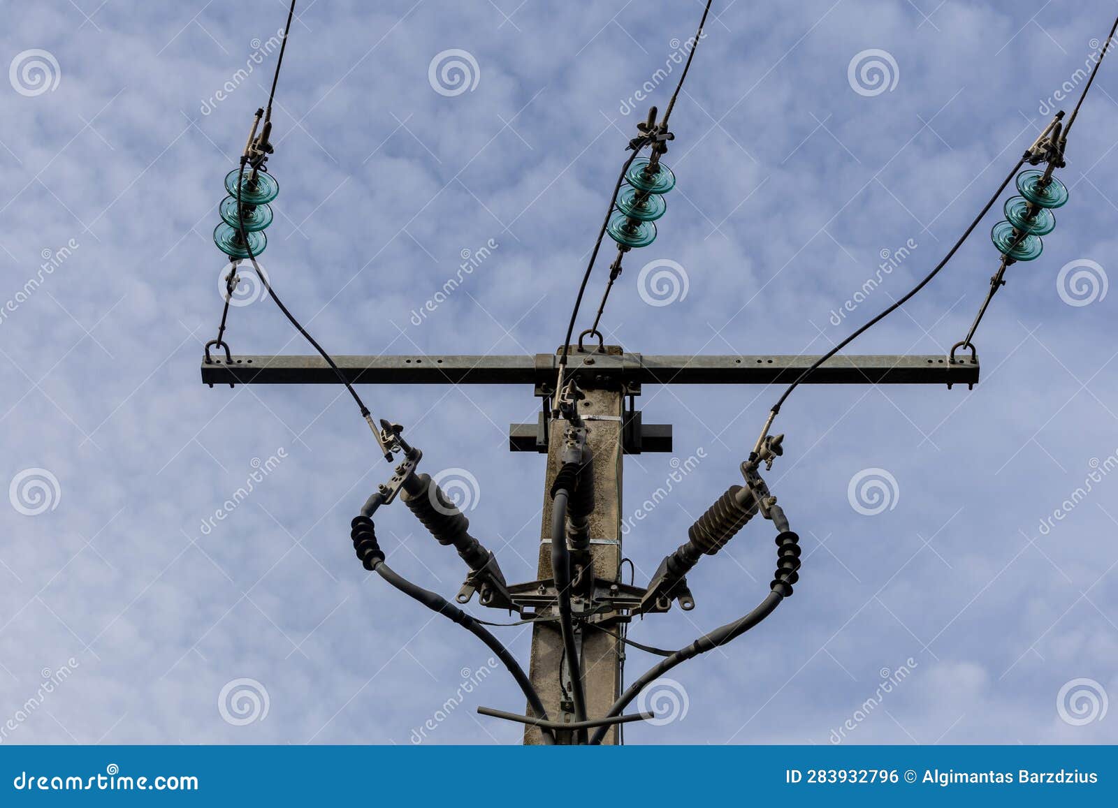 A Wooden Electricity Pole with Green Insulators Stock Photo - Image of ...