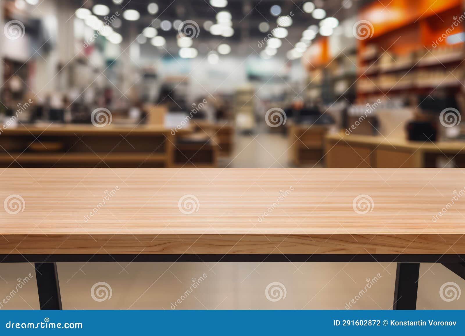 A Wooden Empty Table Set Against the Blurred Backdrop of a Sleek and ...