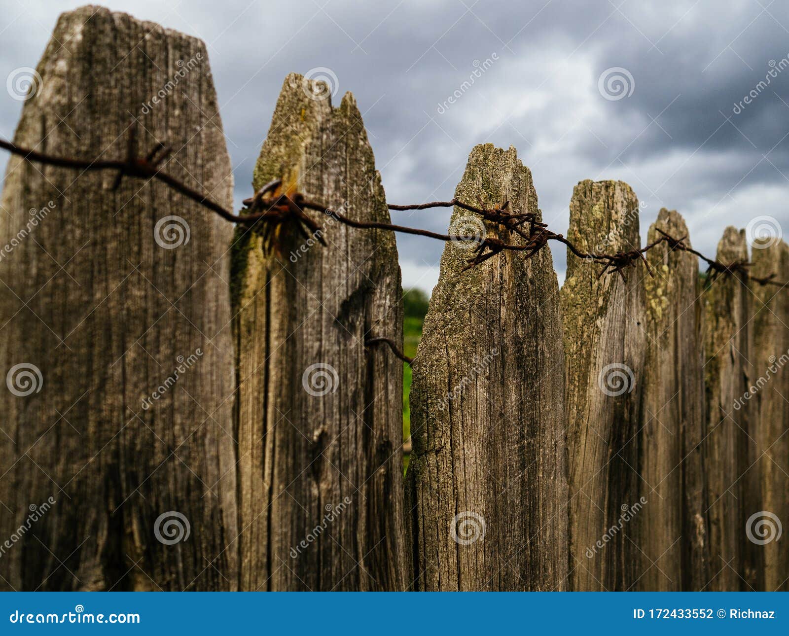 Wooden Fence of Stakes. Barbed Wire on the Fence Stock Photo - Image of ...