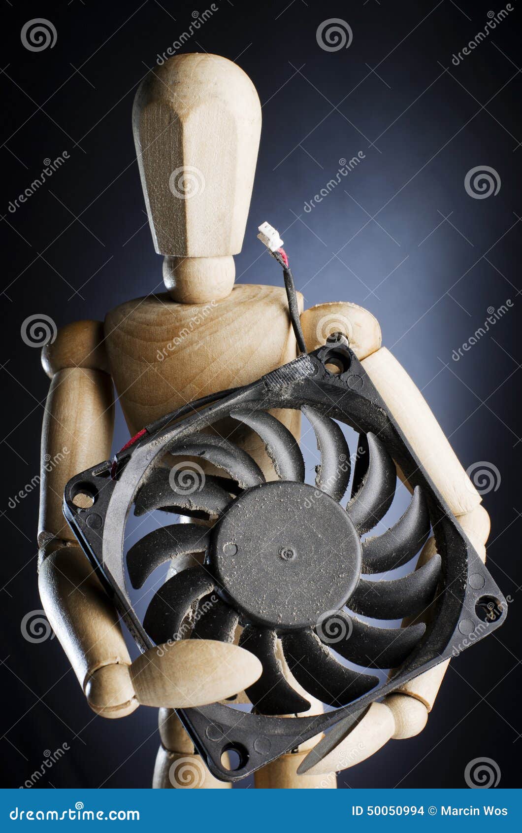 Wooden Figure Holding Computer Fan. Stock Photo - Image of computer ...