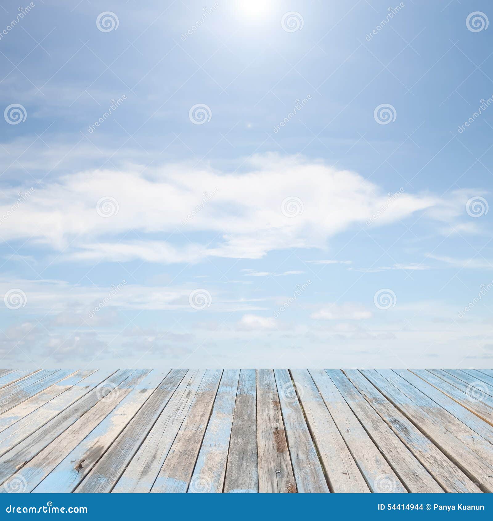 Wooden Floor with Beautiful Blue Sky Scenery for Background Stock Photo ...