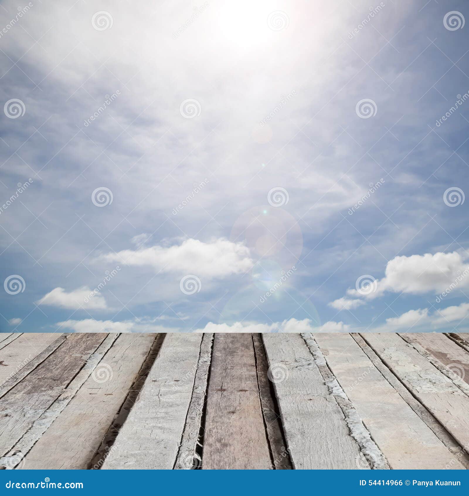 Wooden Floor with Beautiful Blue Sky Scenery for Background Stock Photo ...