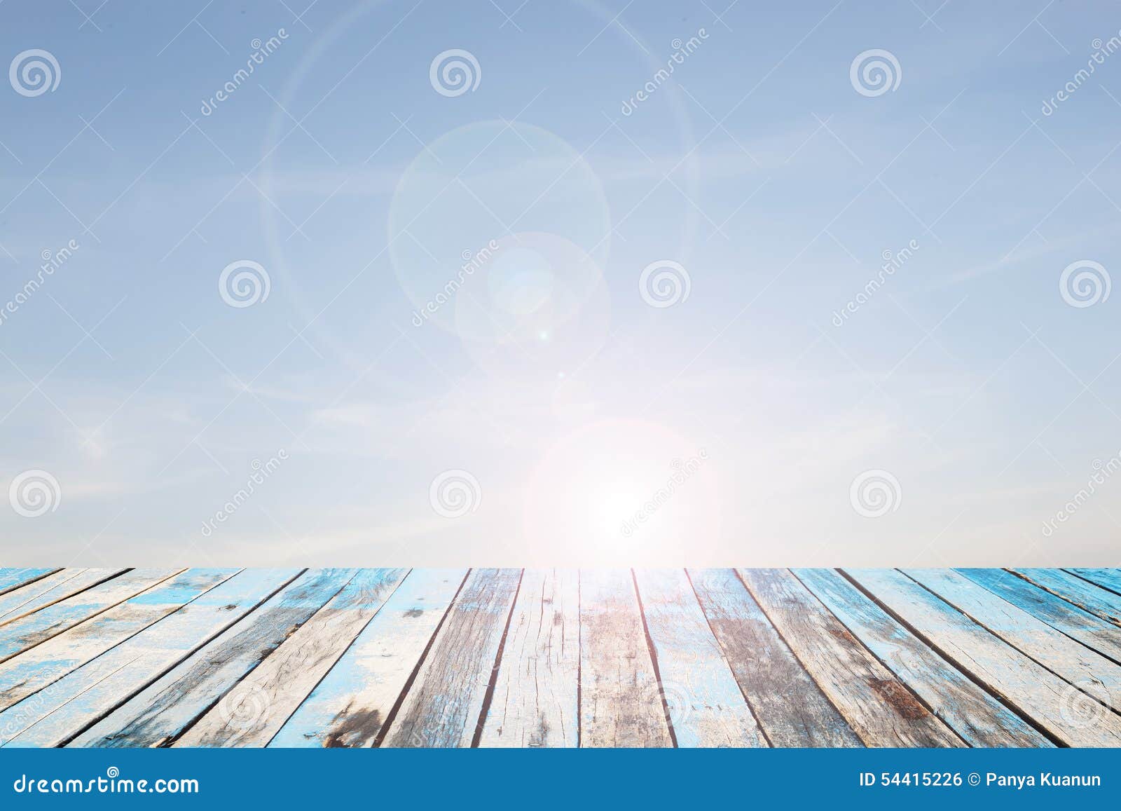 Wooden Floor with Beautiful Blue Sky Scenery for Background Stock Photo ...