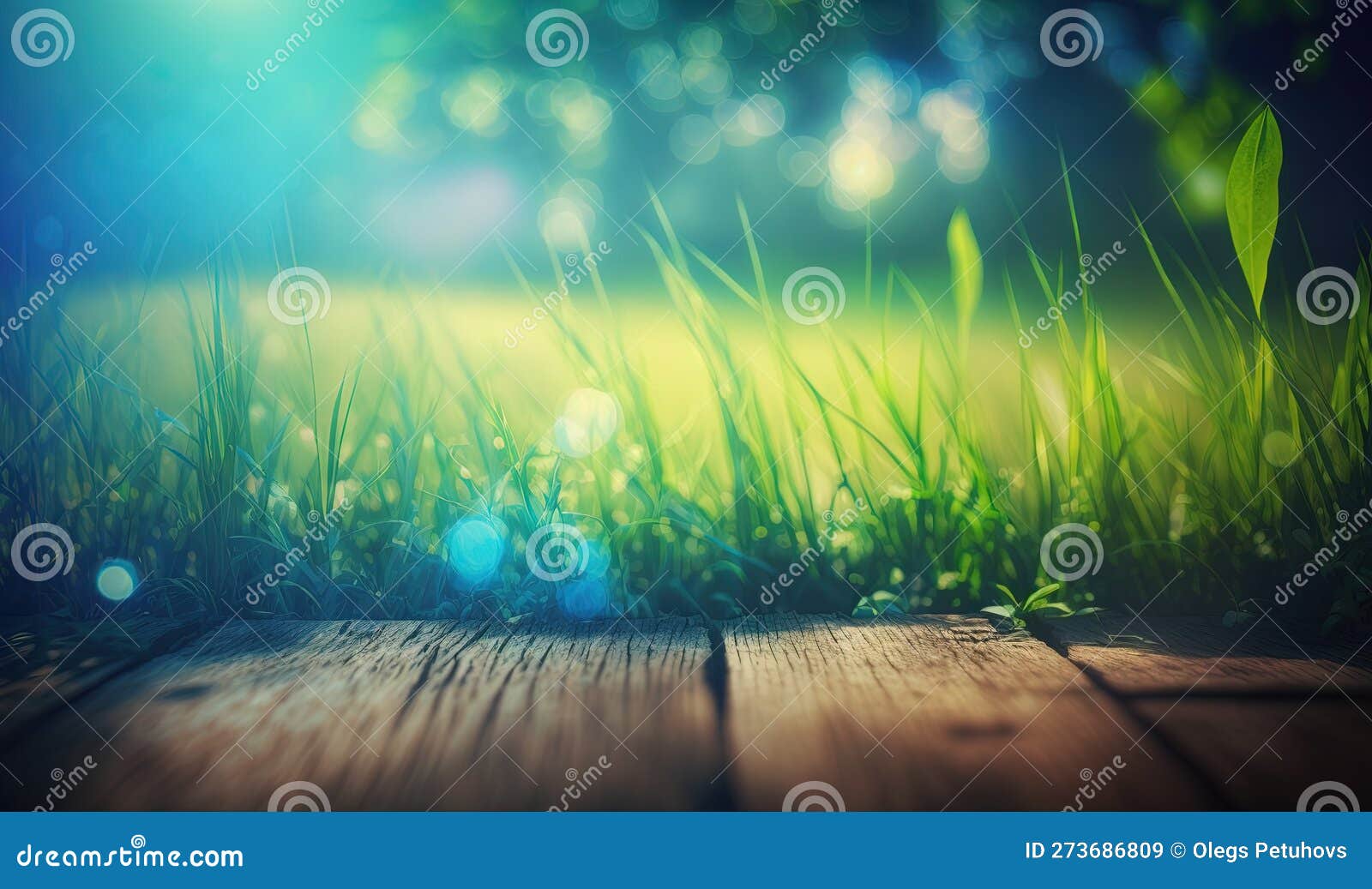 A Wooden Floor with Grass and Sunlight Shining through the Leaves Stock ...