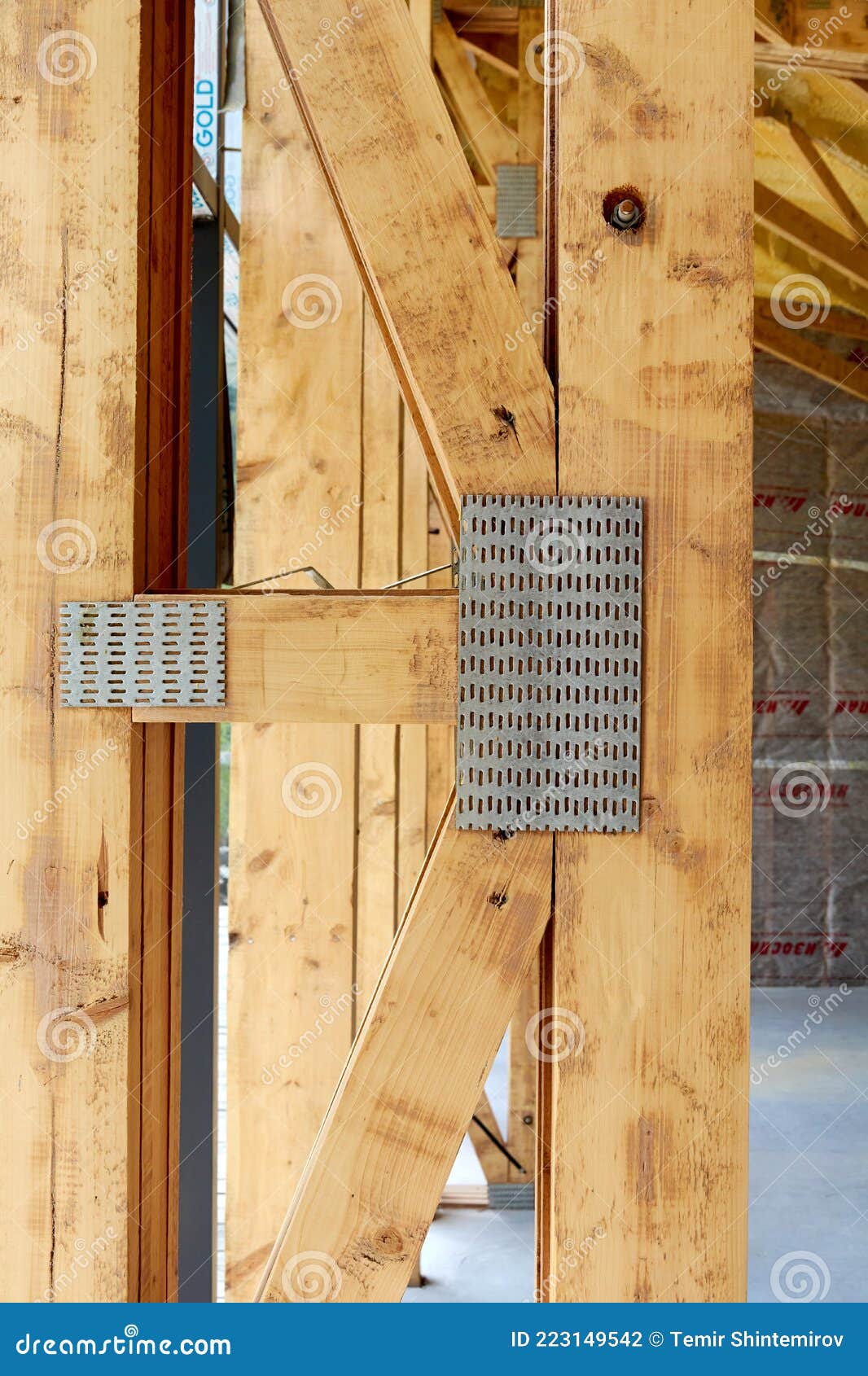 Wooden Frame of the Building Column with Galvanized Fasteners. Stock ...