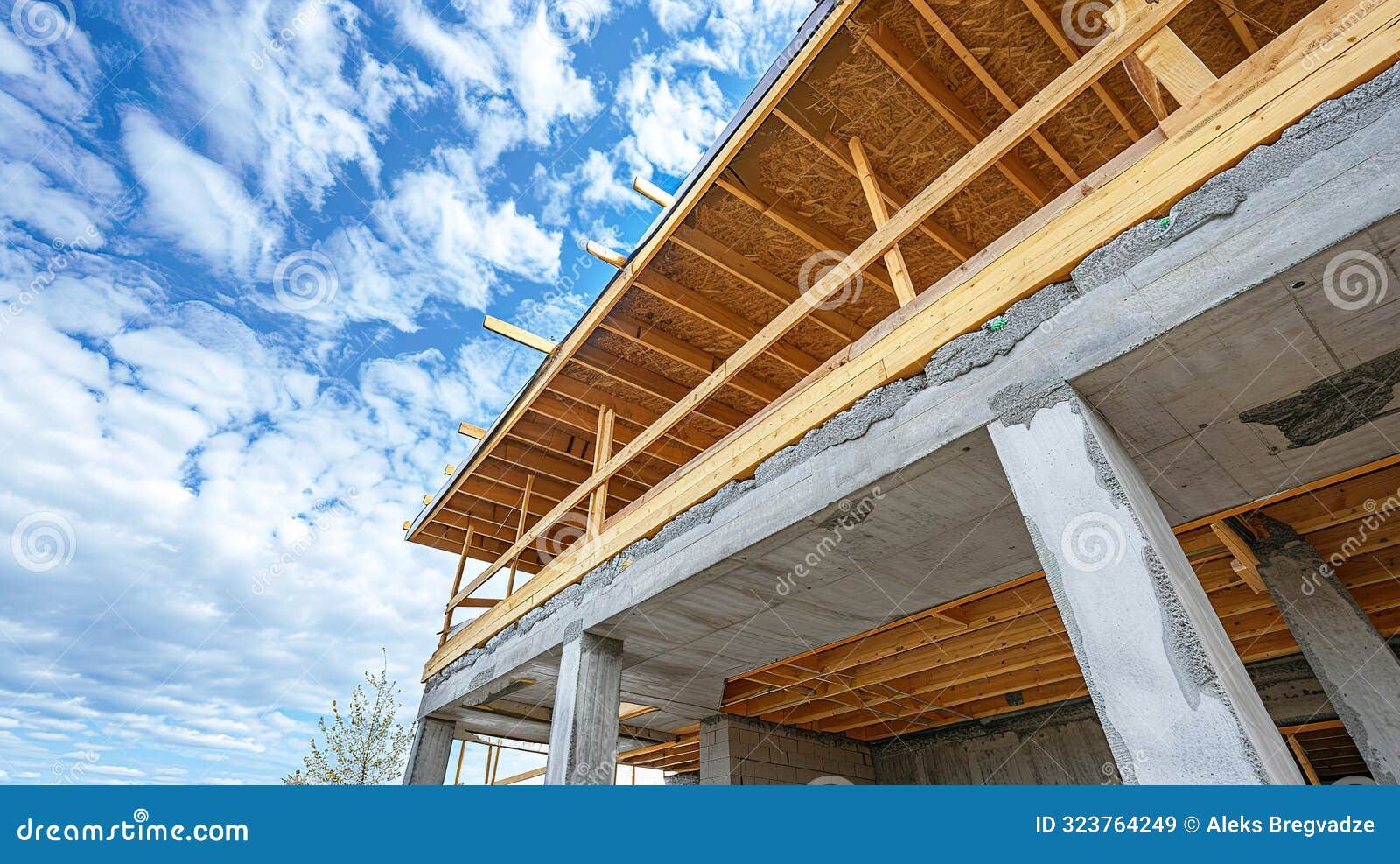 Wooden Frame Construction with Concrete Pillars Under Cloudy Sky Stock ...