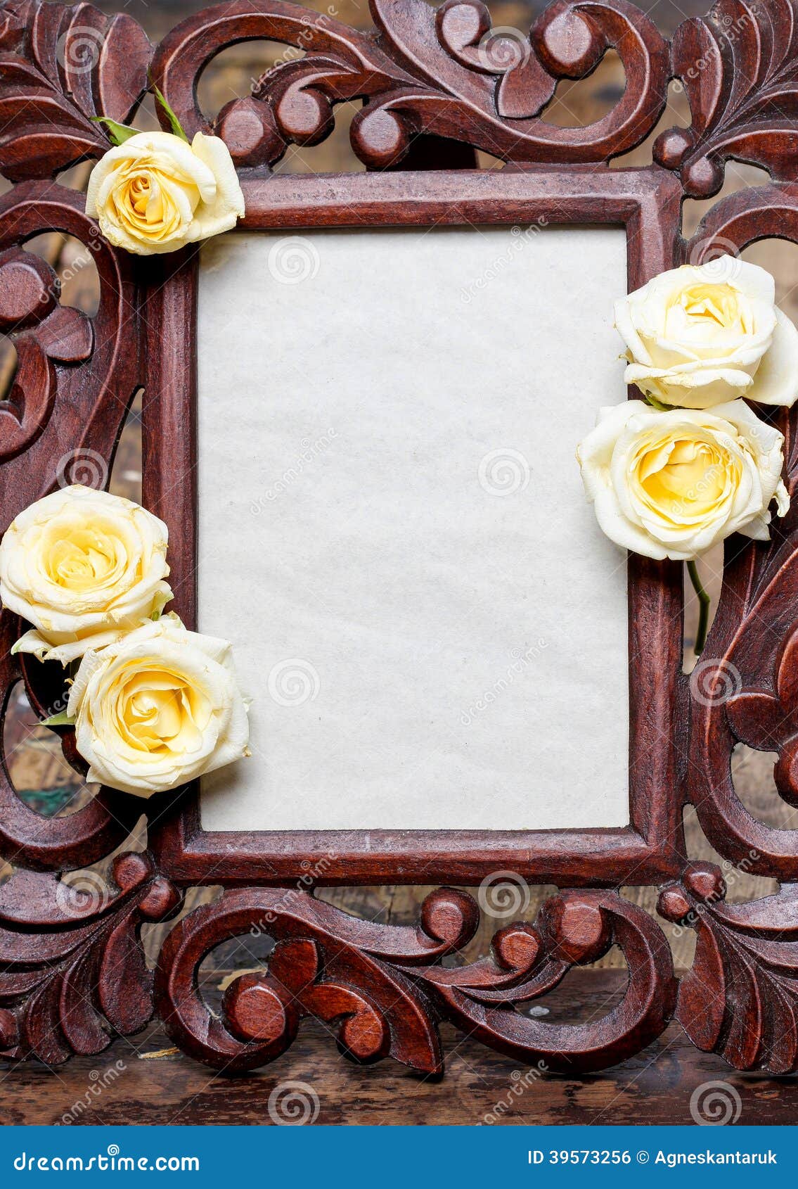 Wooden Frame Decorated with Yellow, Pastel Roses Stock Photo - Image of ...