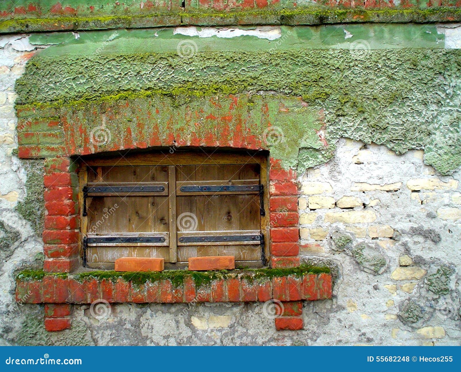 Wooden Frame Window on an Old Brick Building Covered with Moss Stock ...