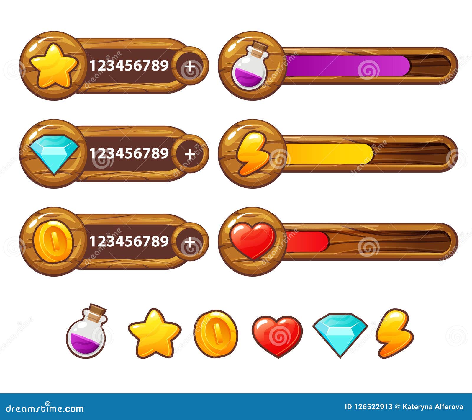 Wooden Game Elements with Progress Bar. Cartoon Game Assets Set. Vector ...