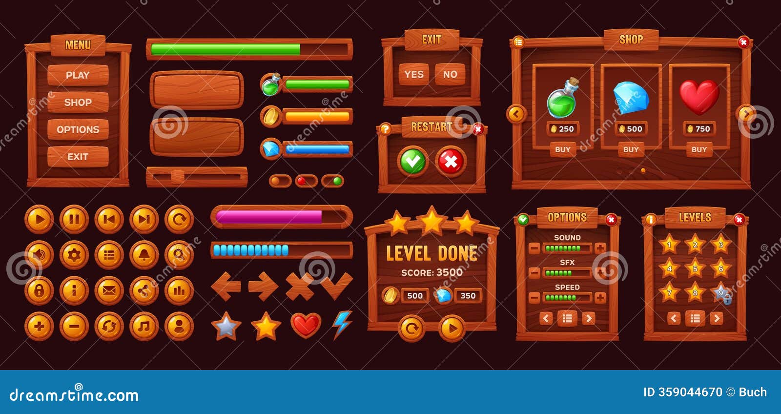 Wooden Game Interface Buttons, Bars or Menu Panels Stock Illustration - Illustration of award ...