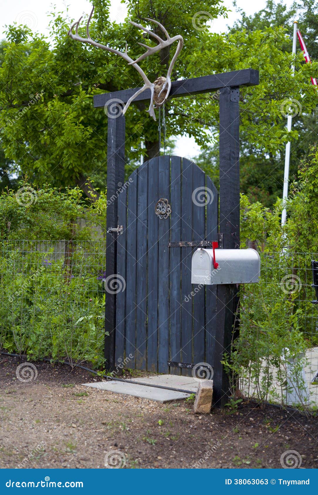 Wooden Garden Gate with Deer Antler and Mailbox Stock Image - Image of ...