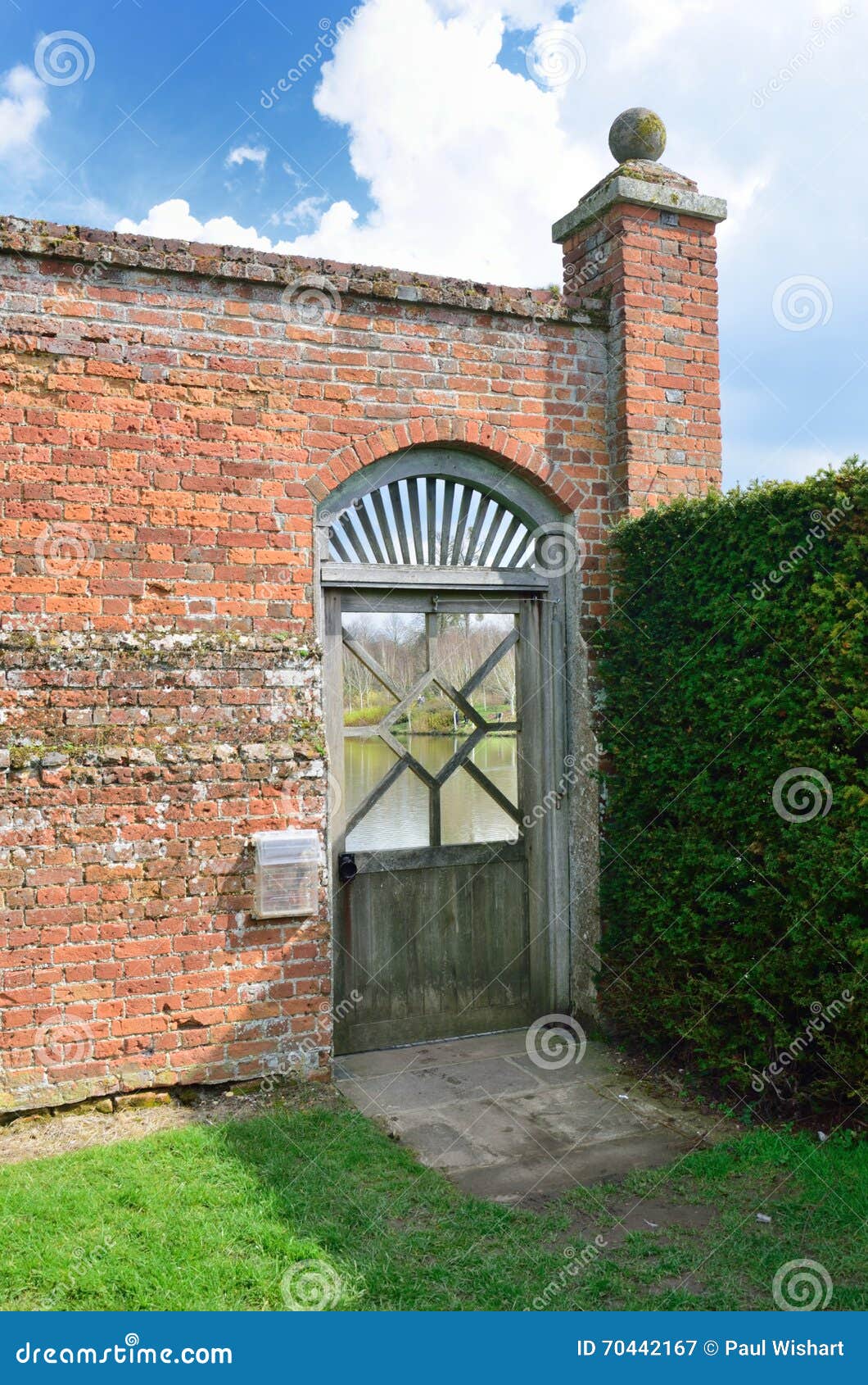 Wooden Garden Gate with Red Brick Wall Stock Image - Image of vintage ...