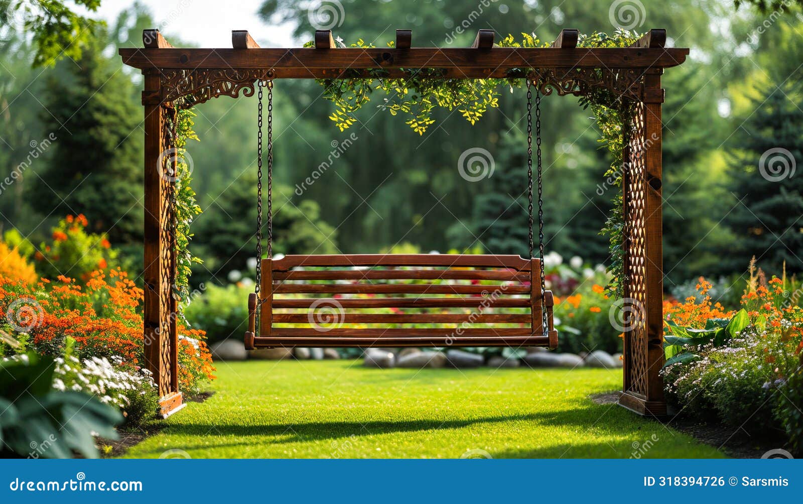 Wooden Garden Swing with Flowering Backdrop Stock Illustration ...