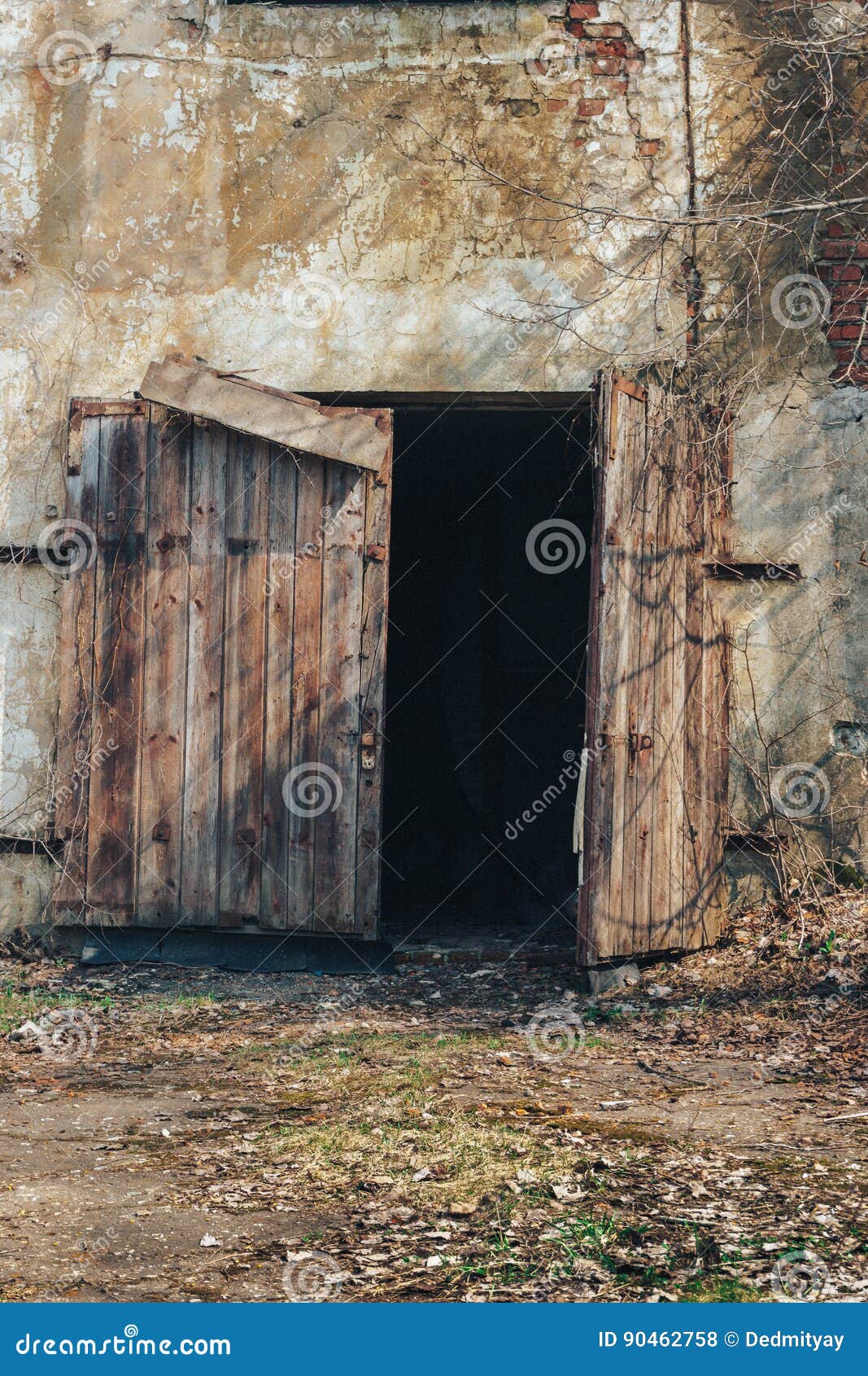 The Wooden Gate Collapsed in the Old Abandoned Factory Warehouse Stock ...