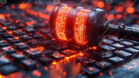 Wooden Gavel with Binary Code on a Glowing Keyboard, Symbolizing ...