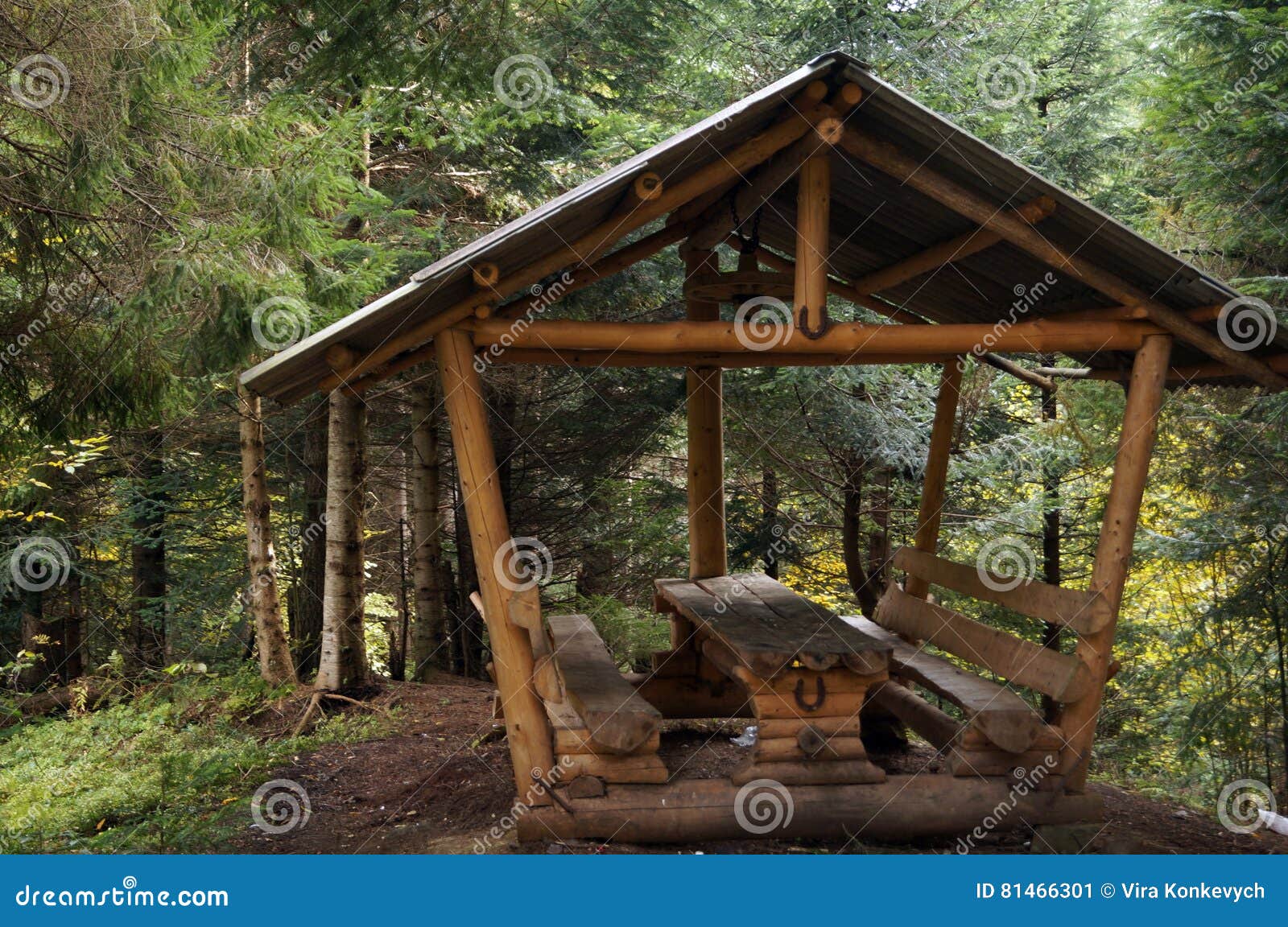 A Wooden Gazebo with Table and Benches Stock Image - Image of green ...