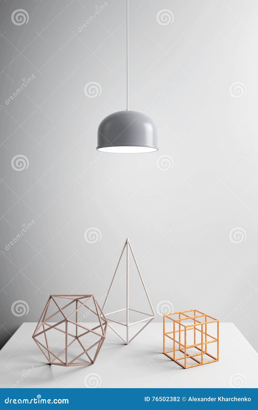 Wooden Geometric Shapes Under Metal Lamp. 3d Rendering Stock ...