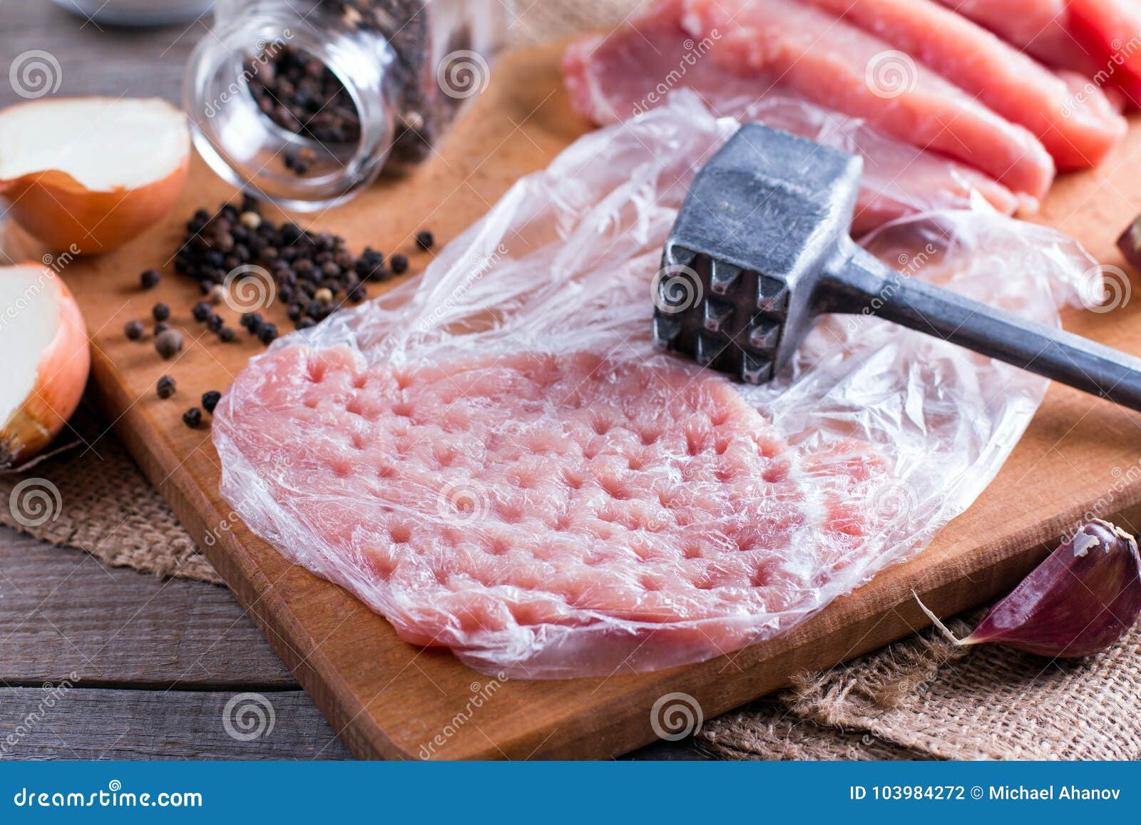 A Wooden Hammer for Beating the Meat and Meat Stock Photo - Image of ...
